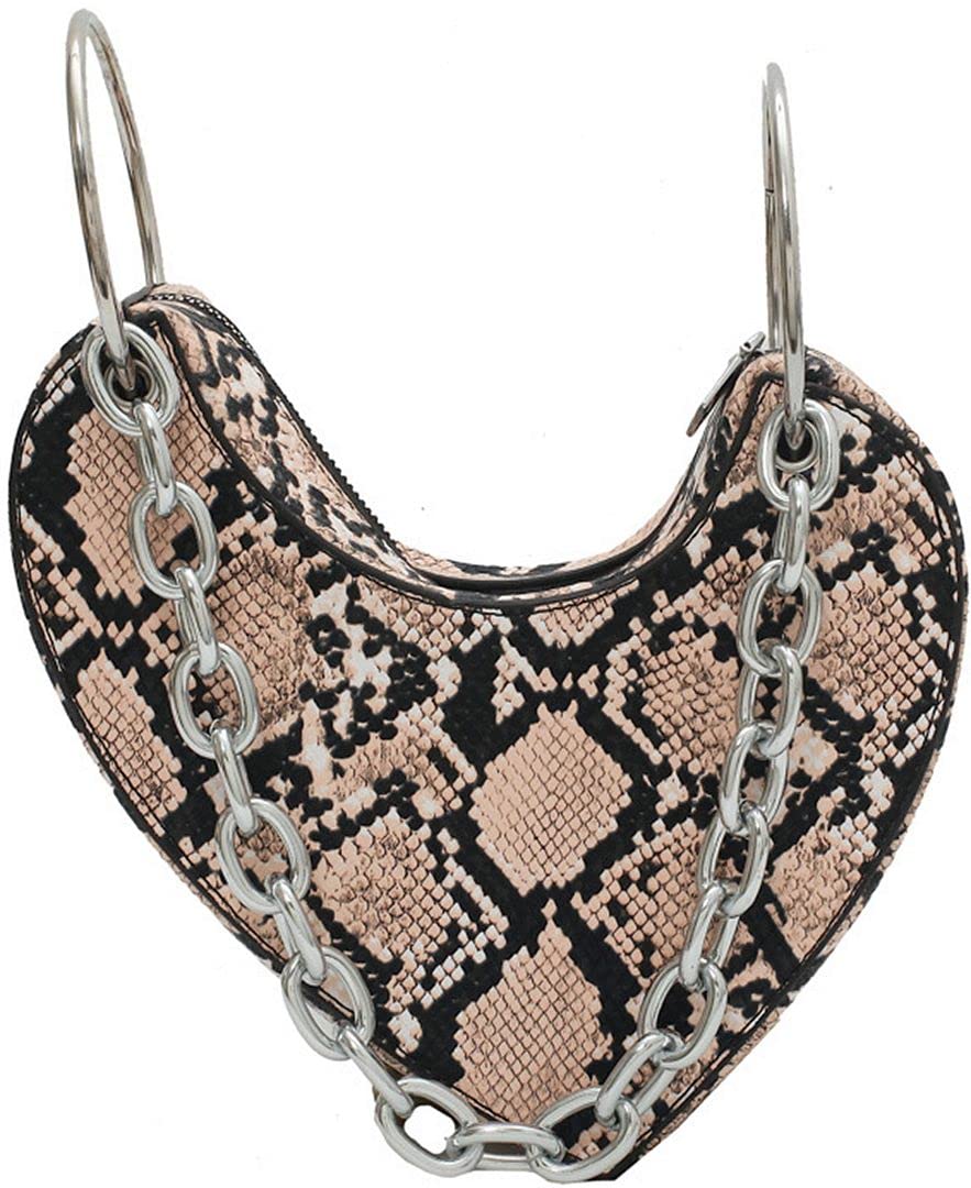 QZUnique Heart-Shaped Hobo Bag PU Leather Shoulder Bag Leopard Chain Bag Fashion Creative Personality Purse Clutch Handbag