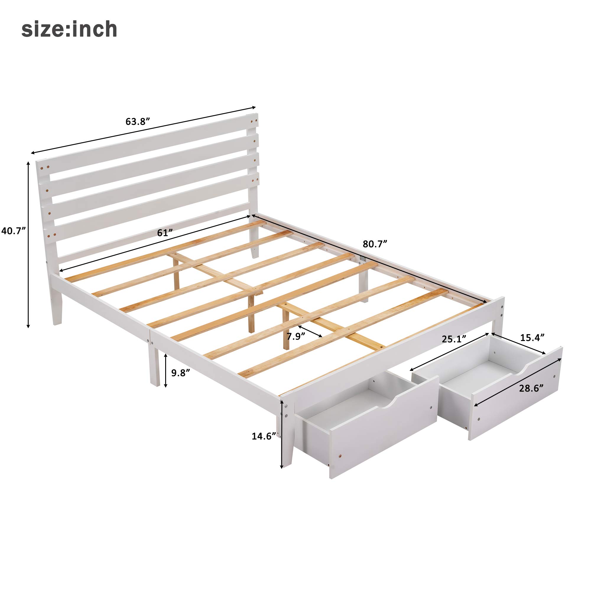 Lepfun Queen Size Murphy Bed with Storage Drawer and Little Shelves on Each Side, Solid Wood Queen Platform Bed Frame for Kids Teens Adults, No Box Spring Needed (White)