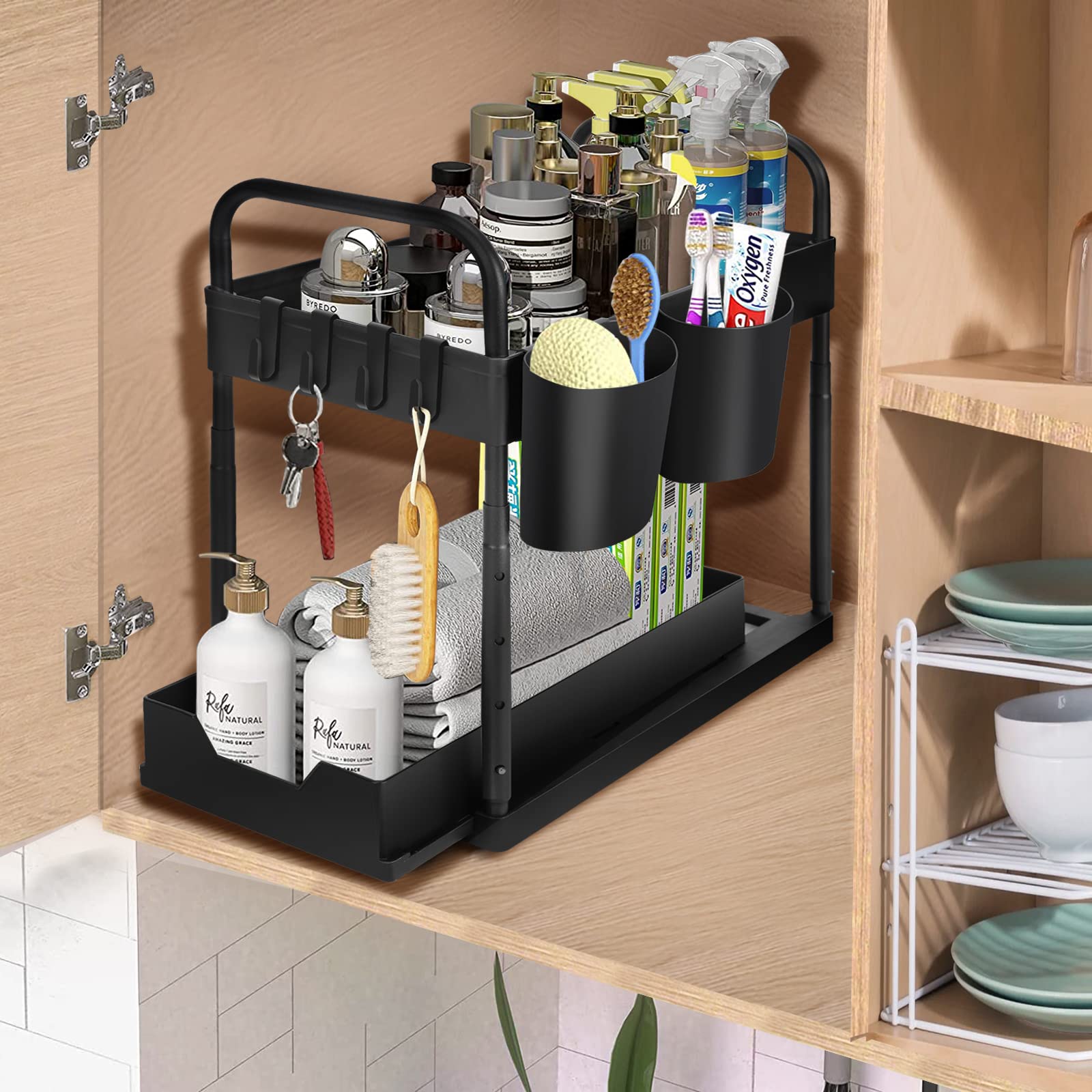 Under Sink Organizers and Storage, Adjustable Height Sliding Under Bathroom Cabinet Storage Organizer, 2 Tier Under Kitchen Sink Organizer with 4 Hooks, 4 Hanging Cup for Bathroom, Kitchen (Black)