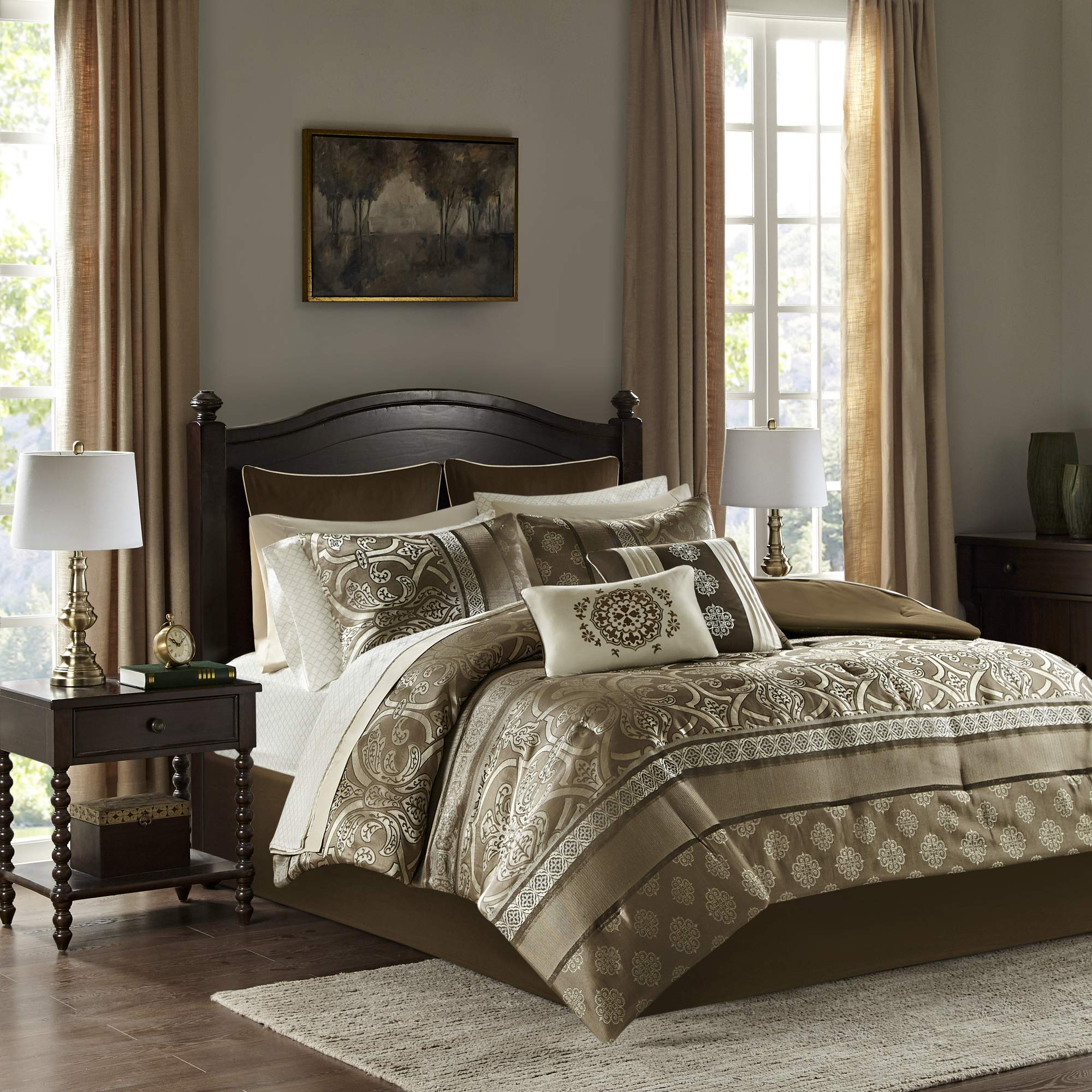 Madison Park - MPE10-796 Essentials Zara 16 Piece Jacquard Complete Bedding 2 Sheet Sets, King, Brown