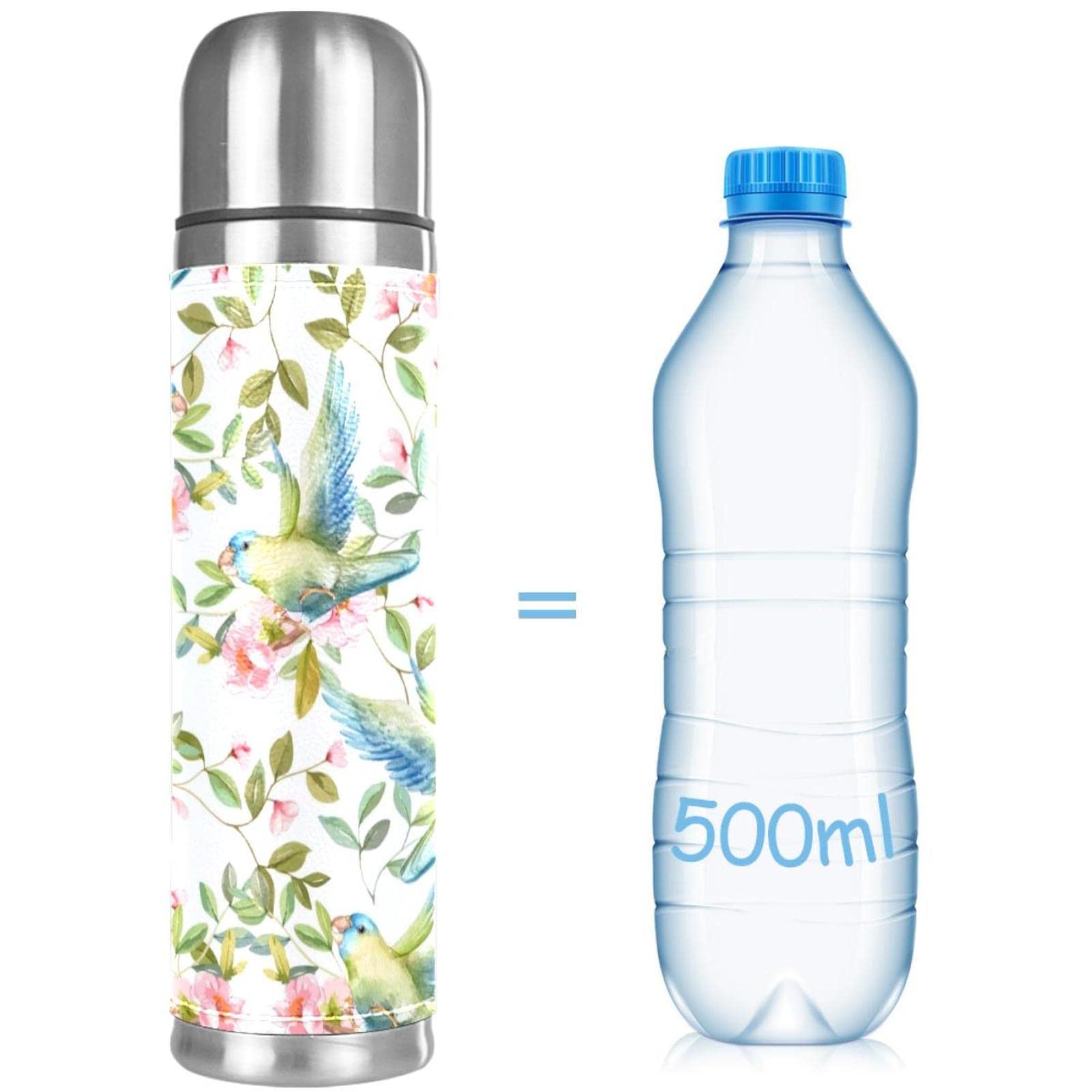 Stainless Steel Leather Vacuum Insulated Mug Flowers and Birds Thermos Water Bottle for Hot and Cold Drinks Kids Adults 16 Oz