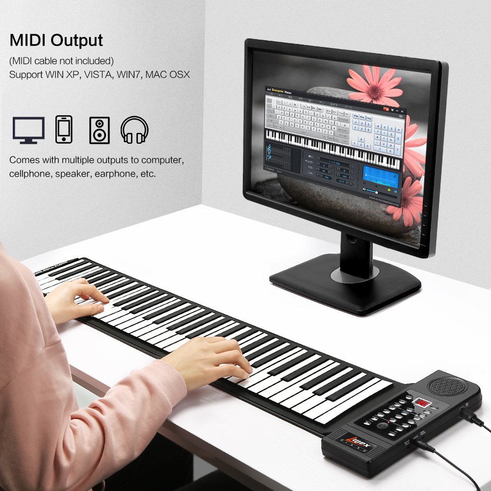 Lujex 61 Keys Double Speaker Roll Up Piano Upgraded Portable Rechargeable Electronic Hand Roll Piano With Environmental Silicone Piano Keyboard for Beginners (Black)