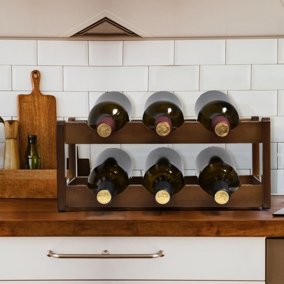 MYITYARD Wine Rack, 2-Tier 6 Bottles Bamboo Wine Cabinet for Countertop, Free Standing Wine Bottle Storage Holder for Home Kitchen Bar Table Top Cellar Basement Pantry, Brown