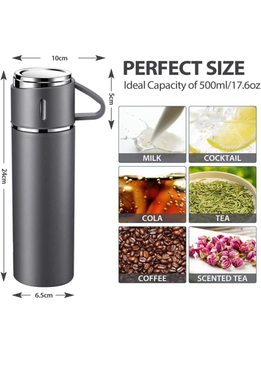 Stainless Steel Thermo 500ML/16.9oz Flask Double Wall Sports Bottle Vacuum Insulated for Coffee Hot Drink and Cold Drink Water Flask with 2 Cups(Gray,Set)