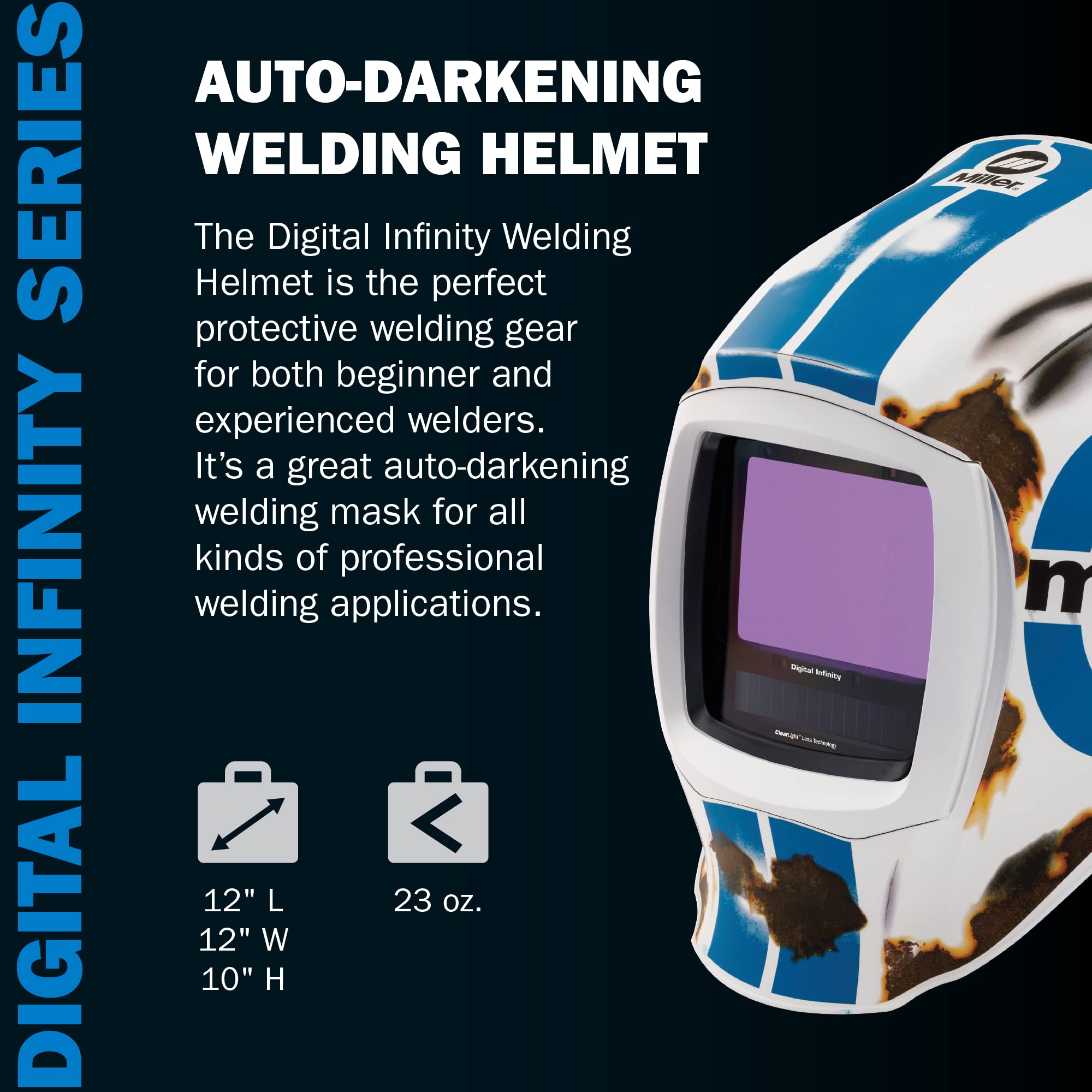 Miller Digital Infinity Welding Helmet (Relic) - Auto Darkening Welding Helmets for Men & Women - Digital Welding Hood with 13.4 Sq.in. Viewing Screen, 4 Arc Sensors & 4 Operating Modes (21.4 oz.)