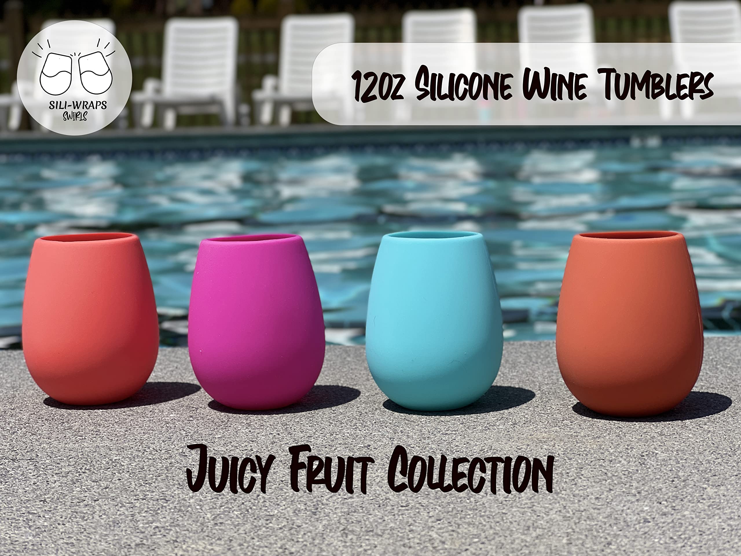 Sili Wraps Unbreakable Silicone Wine Glasses | Reusable Drinkware for Parties, Camping, Beaches, and Boats | 100% Silicone | Set of 4 | BPA-Free, Dishwasher Safe | Juicy Fruit Collection