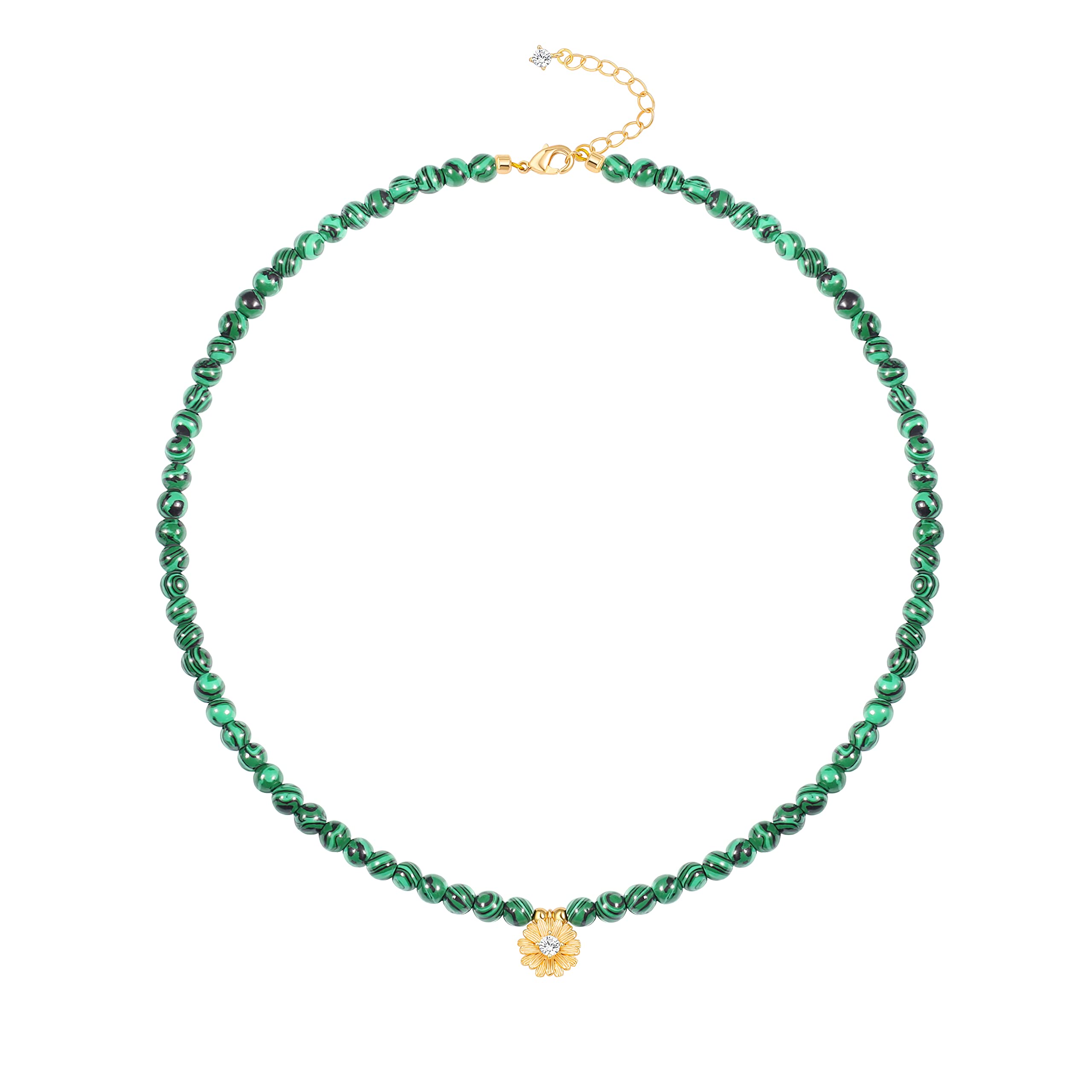 PERNNLA PEARL Protection Malachite Crystal Beaded Necklace for Women Cute Daisy Flower Gold Pendant Choker Necklace Dainty Handmade Boho Jewelry 15”