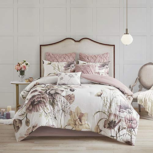 Madison Park Cassandra Cotton Blend Comforter Set - Feminine Design Colorful Floral Print, All Season Down Alternative Bedding Layer and Matching Shams, California King, Blush 8 Piece