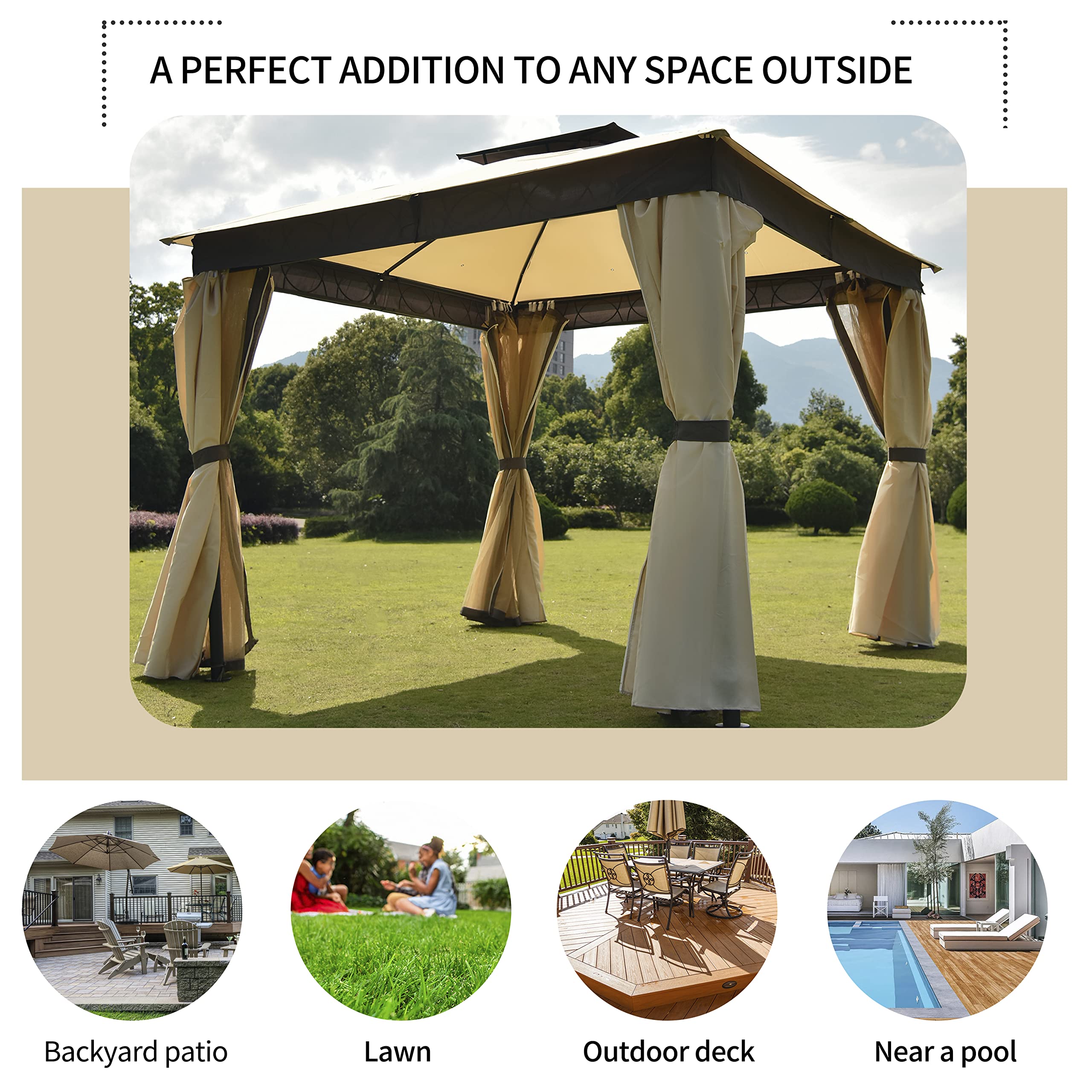 Merax Round Hardtop Gazebo with Removable Curtains, Outdoor Double Roof Canopy Shelter for Patio Garden Backyard Beige
