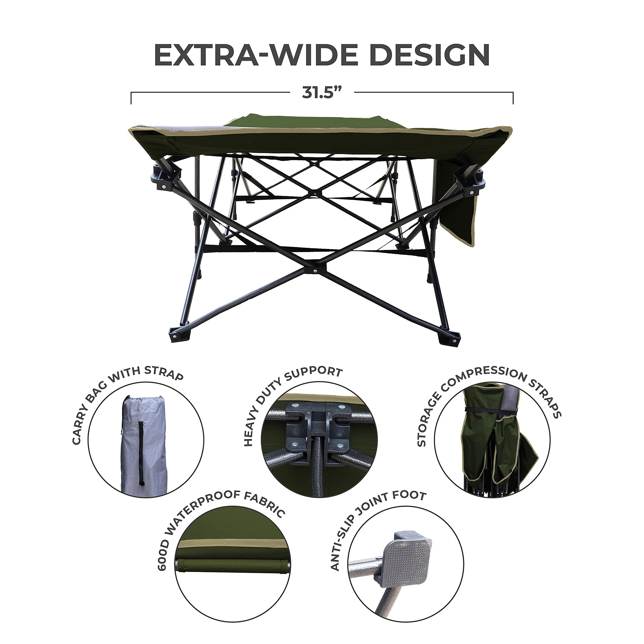 OSAGE RIVER XL Folding Camping Cot with Pocket and Built-in Pillow, Supports up to 440 lbs, Portable Sleeping Bed for Backpacking, Travel, or Camping, Green and Tan