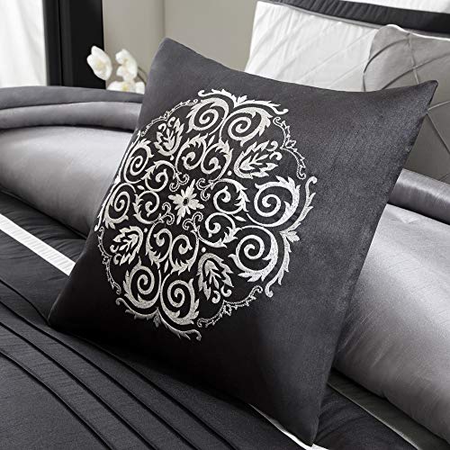 Madison Park Blaire Cozy Comforter Set-Luxurious Faux Silk Traditional Pieced Design All Season Down Alternative Bedding with Matching Shams, Decorative Pillow, Queen (90 in x 90 in), Grey 7 Piece