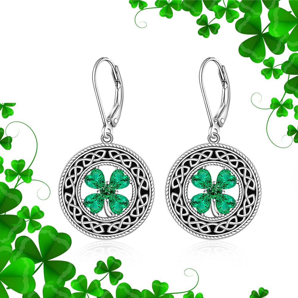 St Patricks Day Shamrock Earrings for Women Studs Sterling Silver Green Irish Four Leaf Clover Earrings Dangle Lucky Shamrock Gifts