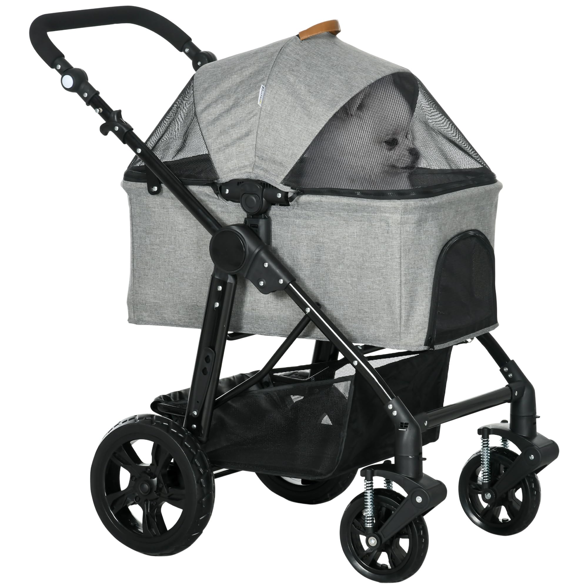PawHut 2 in 1 Foldable Dog Stroller with Suspension, Detachable Carriage, Adjustable Canopy, Safety Leashes and Storage Basket, Grey