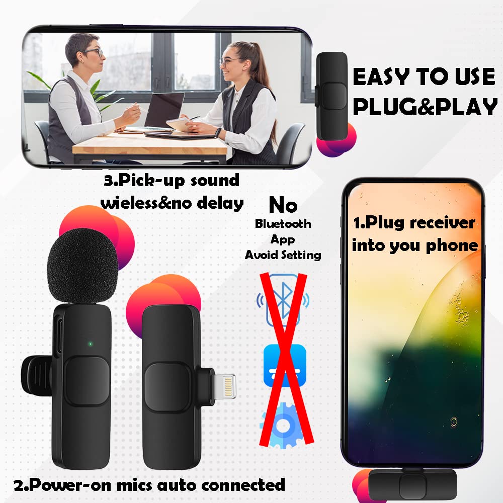 Microphone for iPhone - Mini Microphone - Clip-on Microphones - Wireless Lavalier Microphone for iPhone iPad Plug-Play Microphone Video Recording, Live Stream, YouTube, TikTok (2 Pack) (FOR IPHONE)