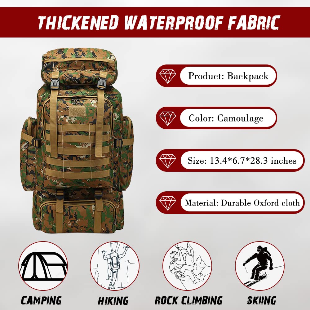 ÖSSZEFUT 70L 80L Tactical Backpack Waterproof For Men Hiking Camping Military Backpacking Backpack Tactical Rucksack Travel Hunting Survival Waterproof Large Backpack (Camouflage)