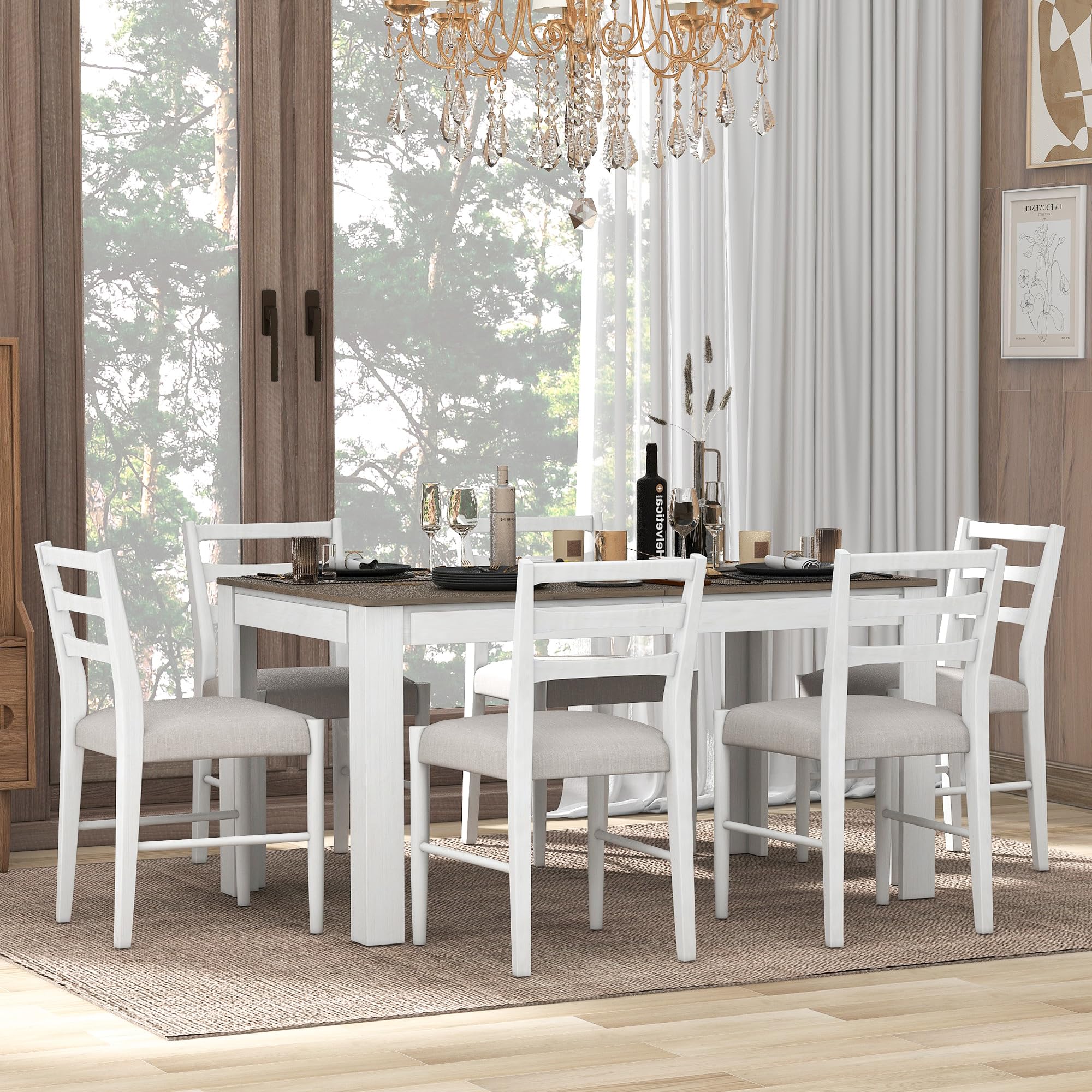 LUMISOL Extendable Kitchen Table Set with Chairs for 6 Persons, Wood Dining Room Table Set with Extendable Table with Storage Drawers, 7 Piece Dining Furniture Set, Brown + White
