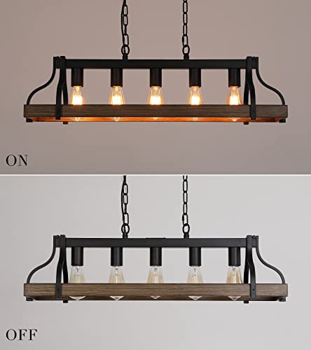 MEIXISUE Rustic Kitchen Island Dining Room Light Fixture Farmhouse Linear Chandelier Black and Retro Wood Finish 5-Light Industrial Metal Hanging Pendant Light UL Listed L33.5 W10.6
