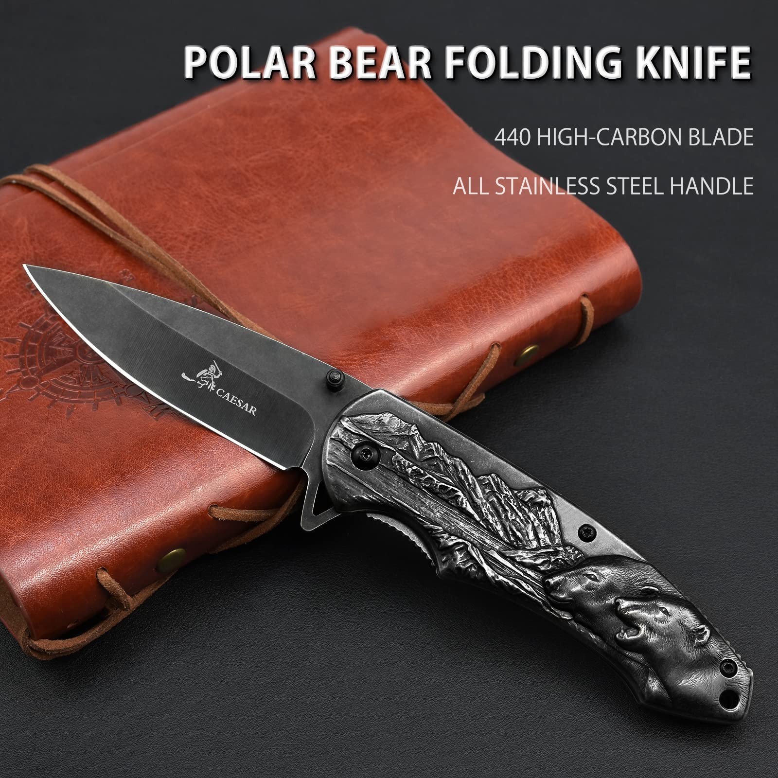 Pocket Folding Knife, Survival Knife With 3D Embossed Bear Pattern, Great Gift Edc Pocket Knife For Men Outdoor Camping Hiking Hunting Knife