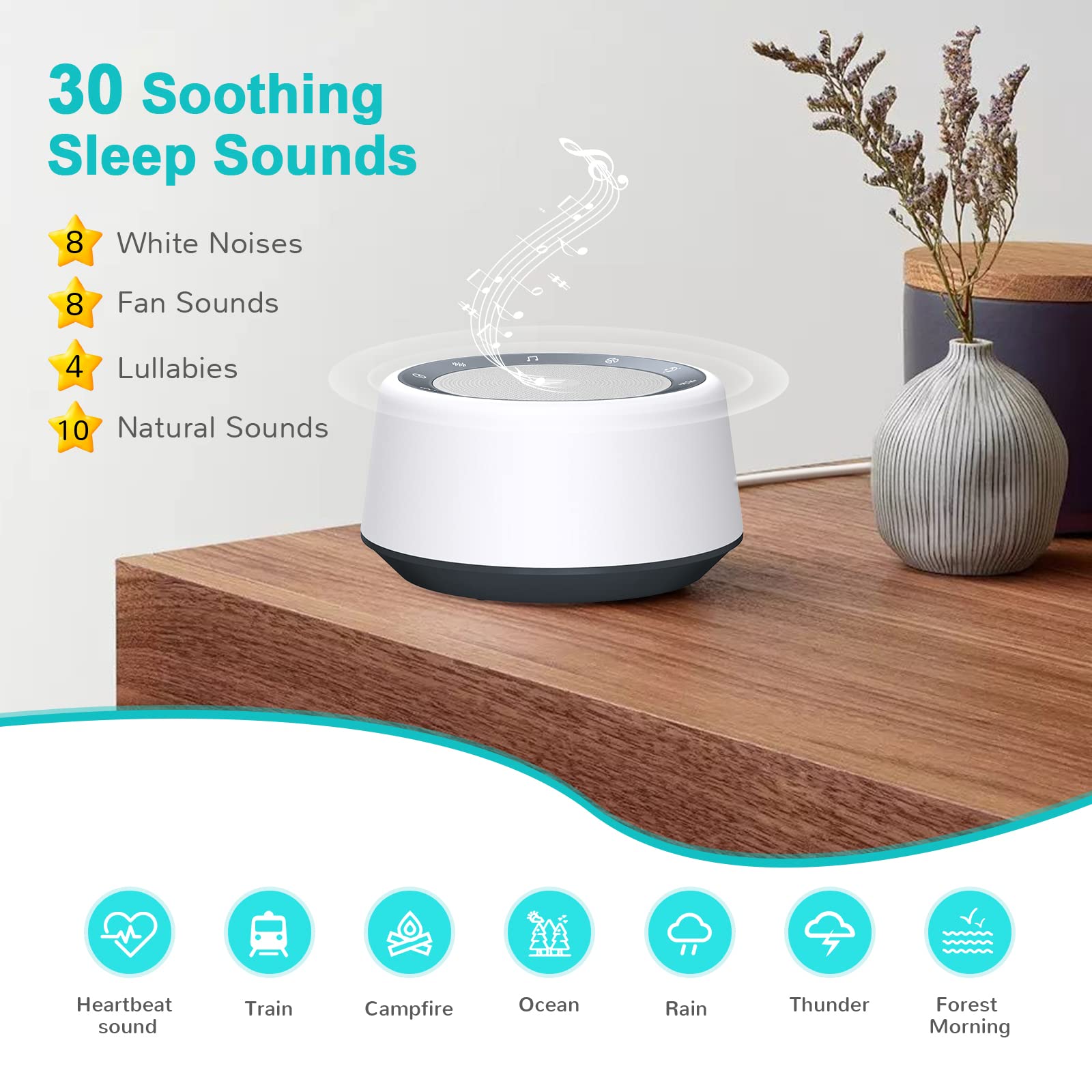 White Noise Machine, Sleep Sound Machine with 30 Soothing Sounds, 7 Color Baby Night Lights, Full Touch Control, Timer and Memory Features, Plug in, Sound Machine for Baby, Adults