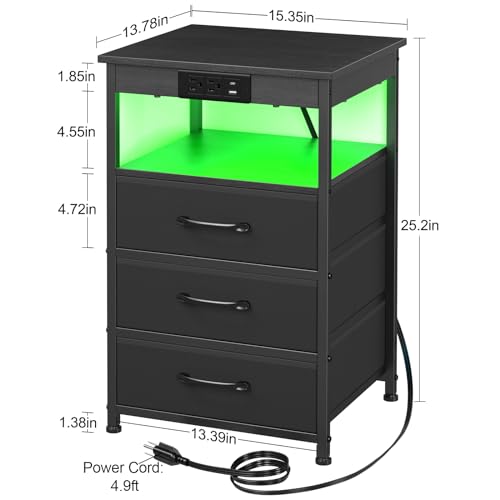 LOAKEKEL Night Stand Set 2, LED Nightstand with Charging Station, End Tables with USB C Port and Outlets, Bedside Table with 3 Storage Fabric Drawers for Bedroom, Small Space, Black, HNS023BK