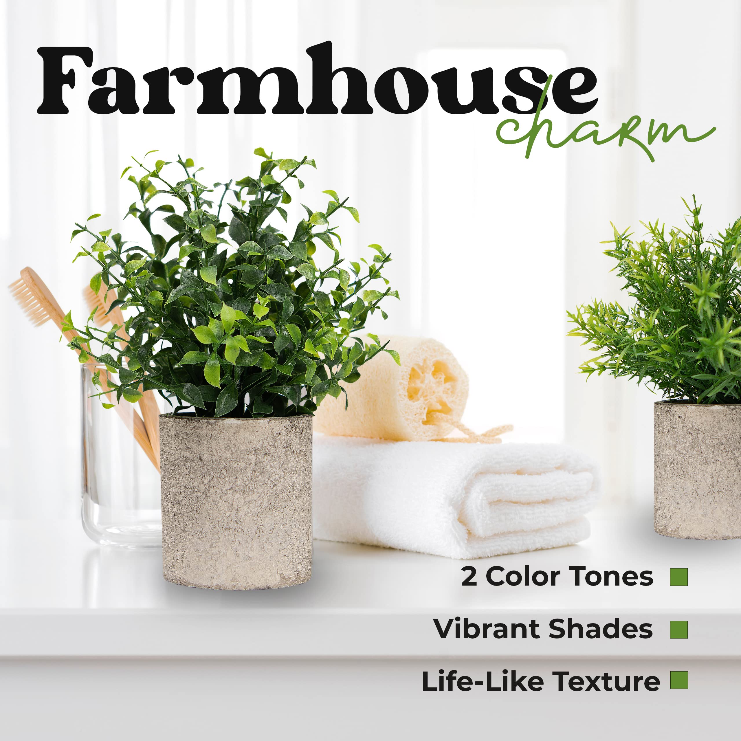 Modern Farmhouse Decor Small Fake Plants (2 Piece Plant Decor 9" Tall Artificial Plants) Great Mantle Decor Office Decor Women Table Centerpieces Dining Room Desk Decor Rustic Bathroom Decor