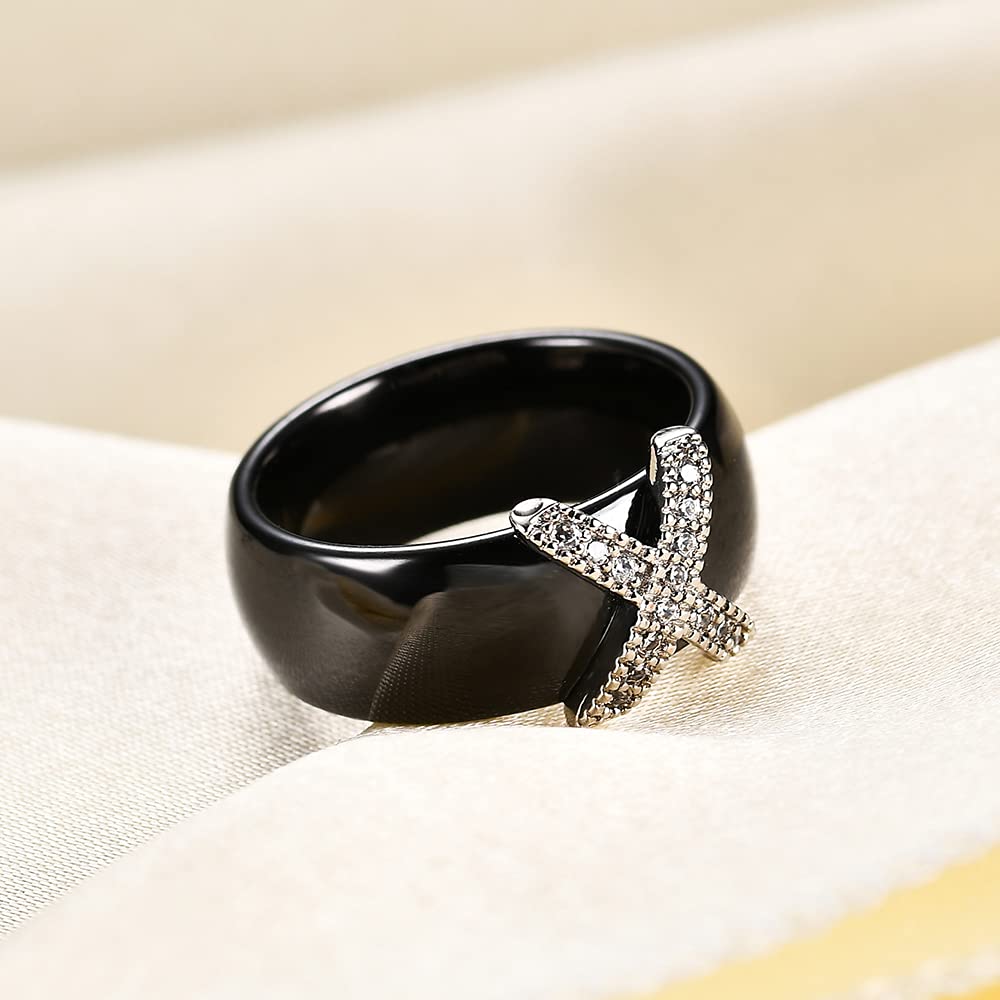 MYNENEY 6mm White/Black Ceramic Rings Plus Cubic Zirconia For Women Comfort Fit Engagement Wedding Band Size 5-12