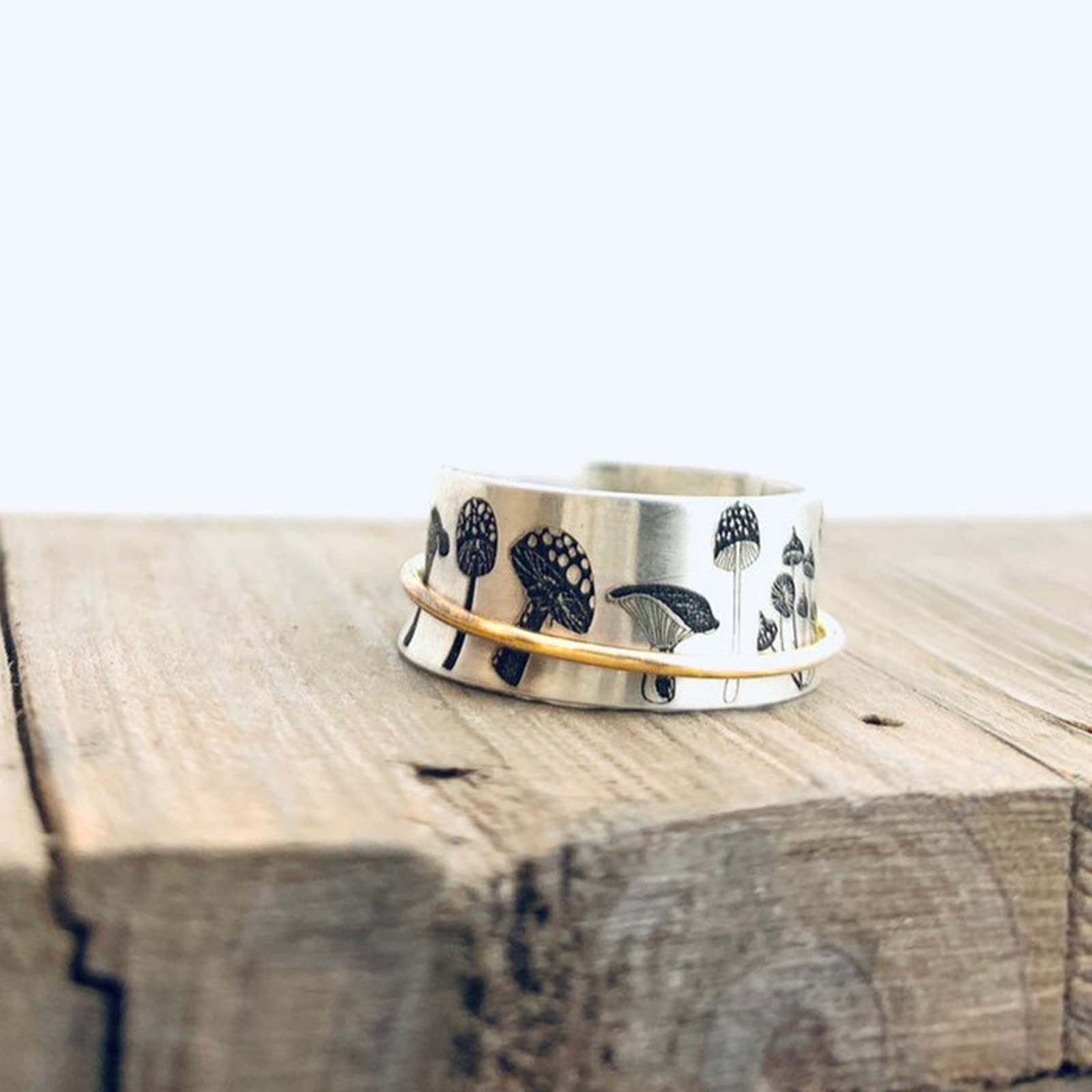 Stacking Ring Personalized Retro Cartoon Mushroom Rotating Ring Inspiration Mushroom Ring Meditation (Silver, 7)