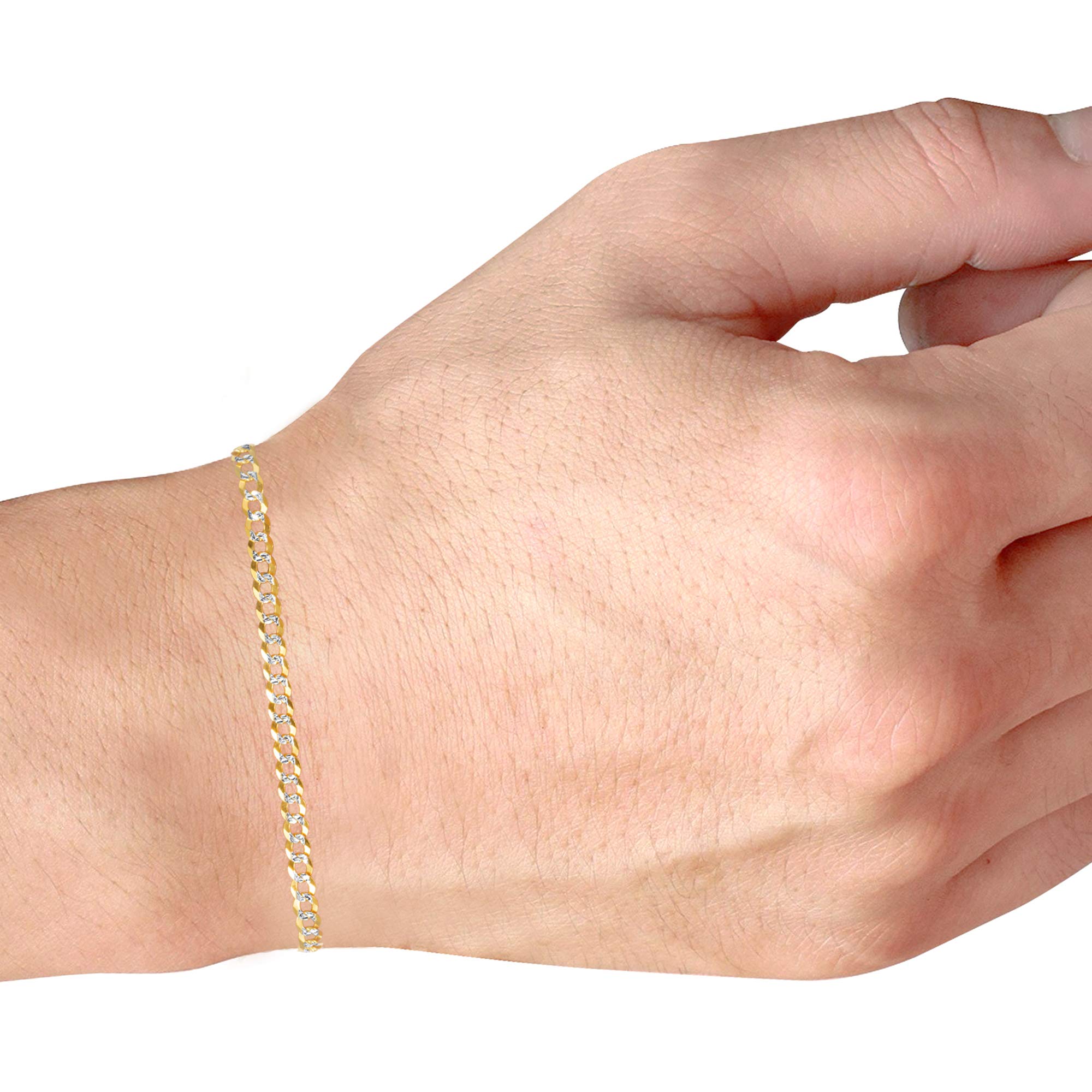Nuragold 10k Yellow Gold Solid 4mm Cuban Chain Curb Link Diamond Cut Pave Two Tone Bracelet, Womens Mens Jewelry 7" 7.5" 8" 8.5" 9"