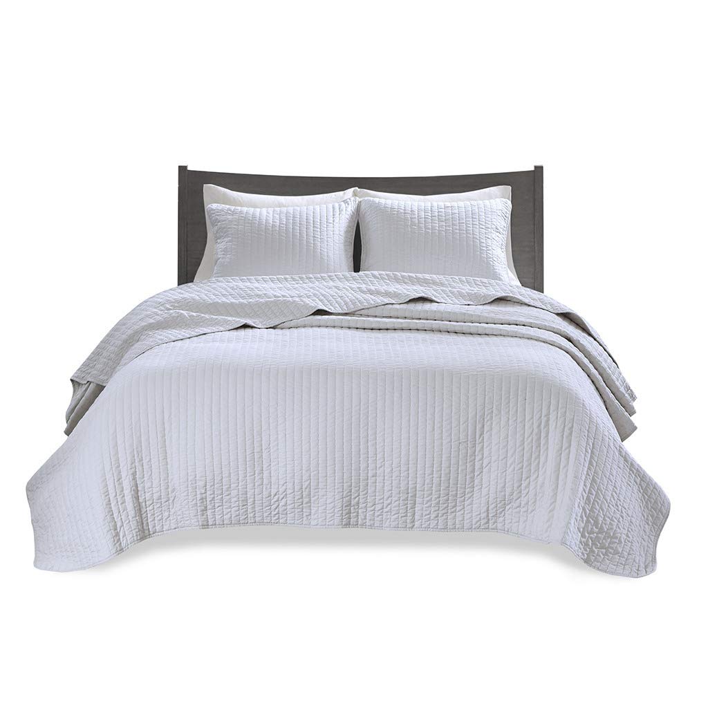 Madison Park Keaton Quilt Set-Casual Channel Stitching Design All Season, Lightweight Coverlet Bedspread Bedding, Shams, Twin/Twin XL(68"x90"), Stripe White, 2 Piece