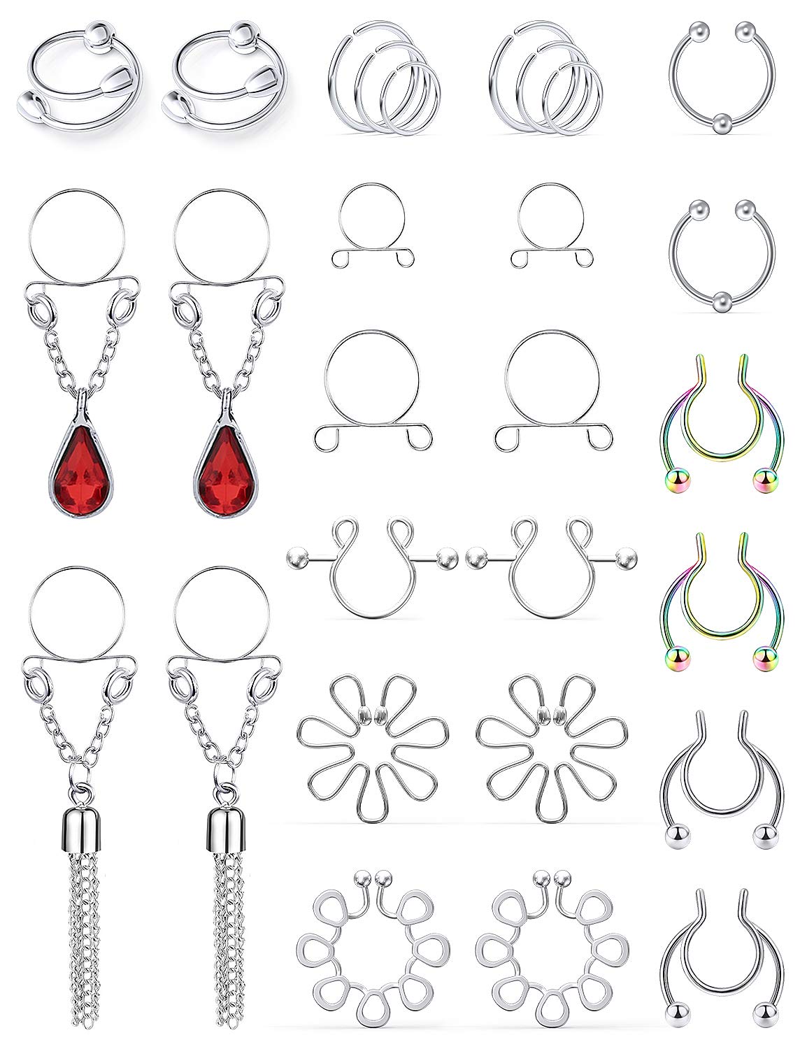 Oufksiyy Fake Nipple Ring Stainless Steel Non-Piercing Nipple Rings Clip On Nipplerings Faux Body Piercing Jewelry for Women Men 26PCS