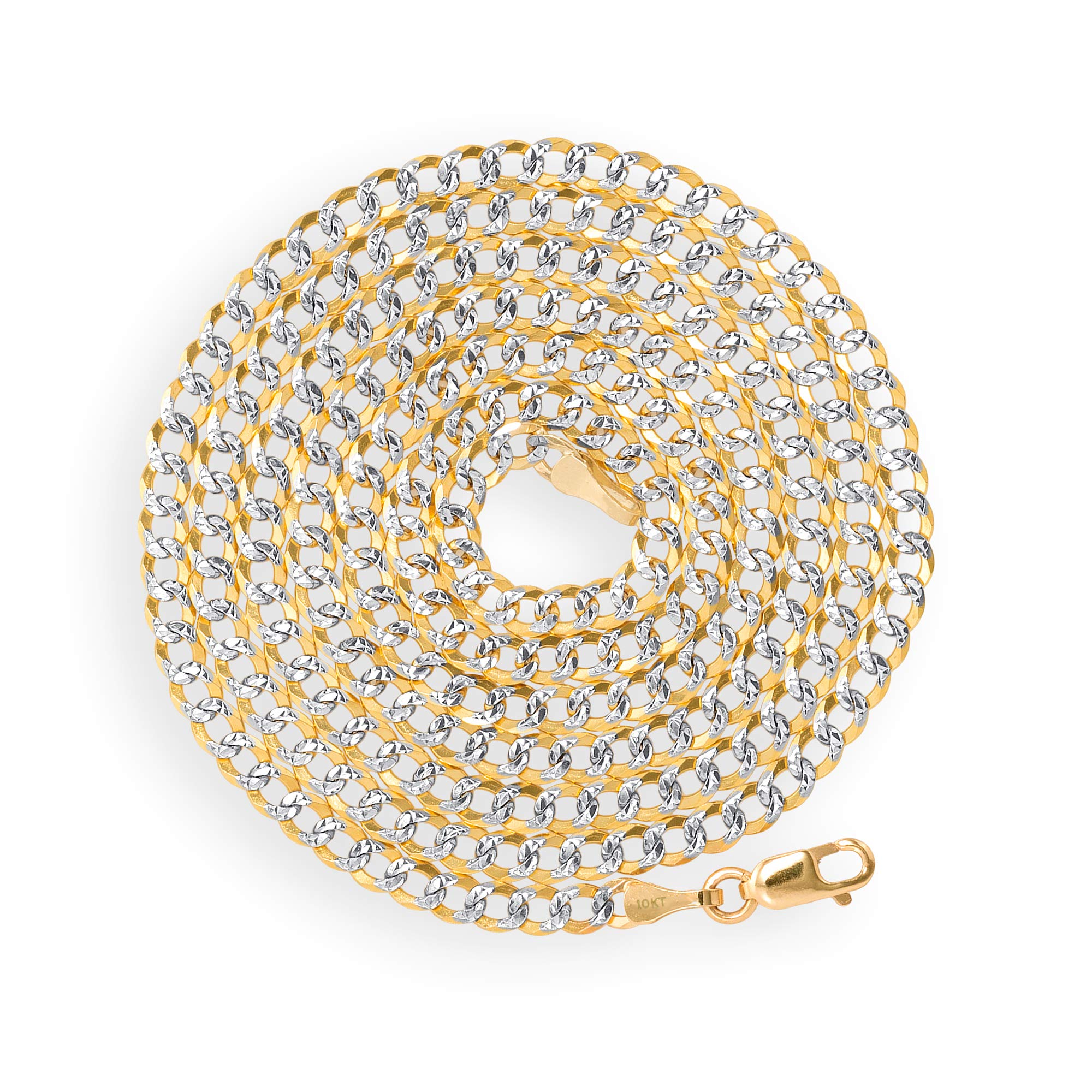 Nuragold 10k Yellow Gold Solid 3mm Cuban Chain Curb Link Diamond Cut Pave Two Tone Pendant Necklace, Mens Womens Jewelry 16" 18" 20" 22" 24" 26" 28" 30"