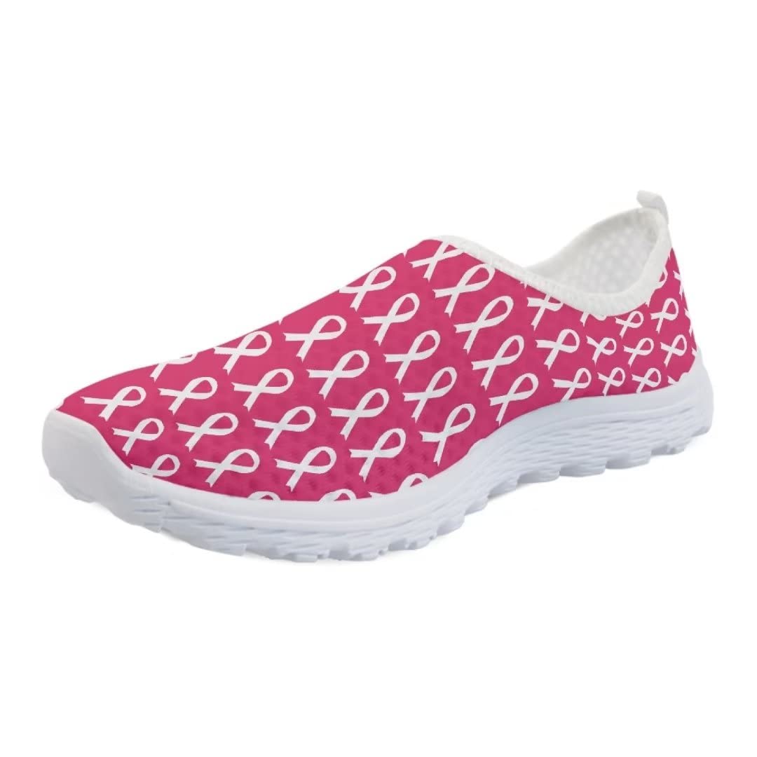 Poetesant Breast Cancer Awareness Water Shoes Women Pink Ribbon Flat Mesh Shoes Ribbons Slip On Walking Shoes Casual Pink Road Running Shoes 39EU