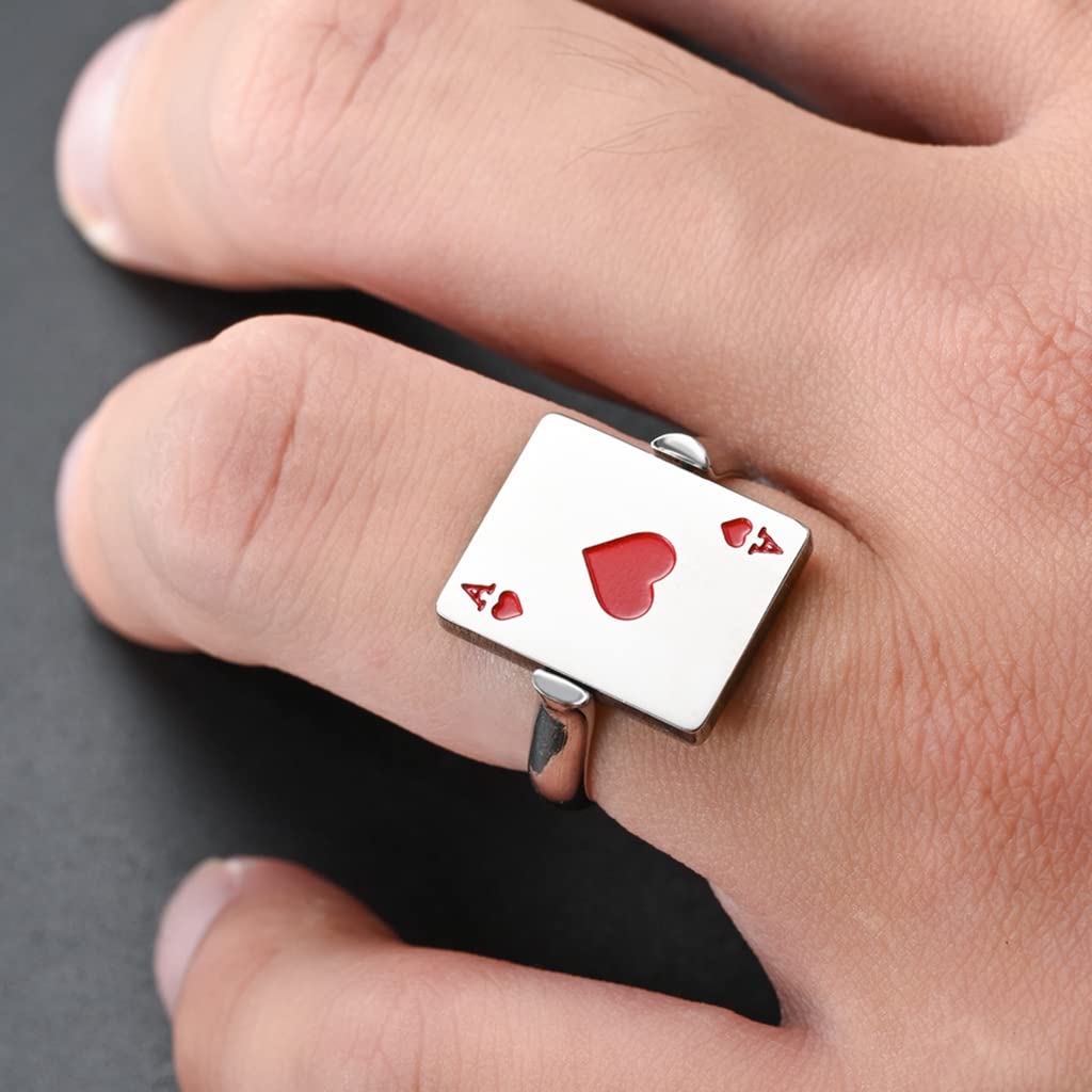 Stainless Stee Poker Ace Spade Heart Flip Rollover Style Cocktail Party Biker Holiday Ring (Silver, 8)