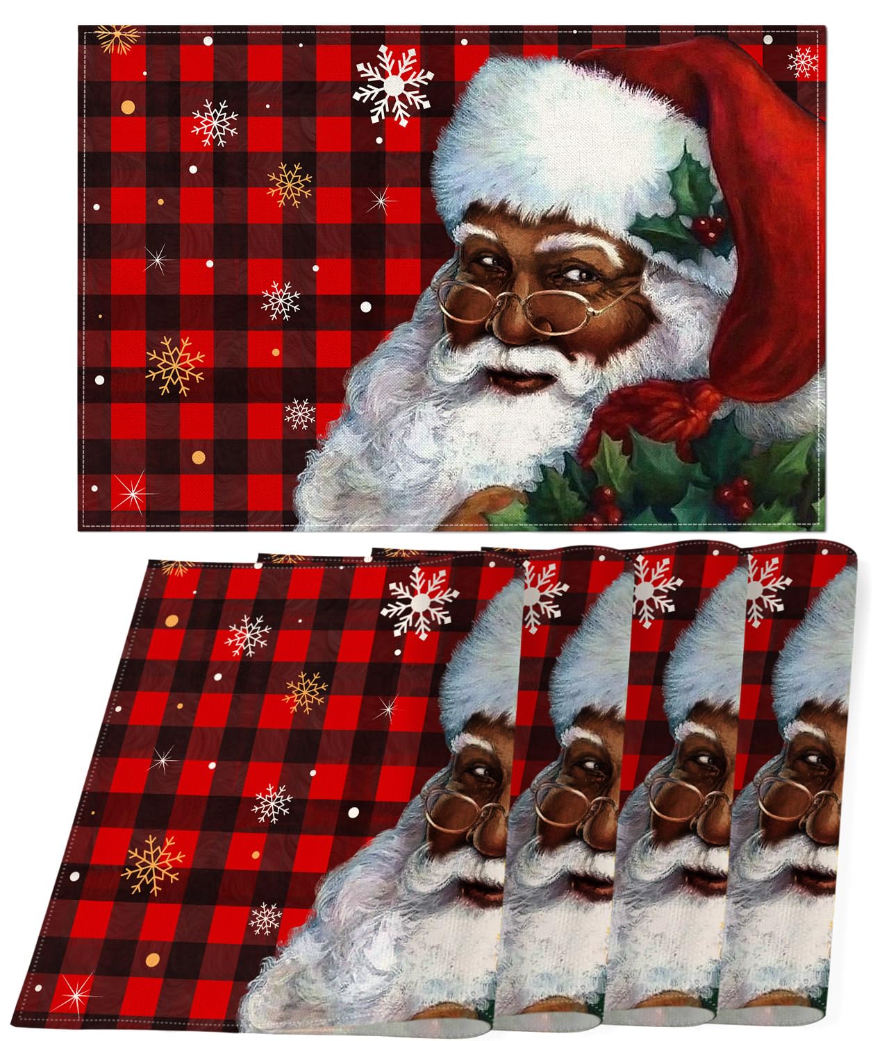 Nepnuser Linen African American Christmas Placemats Set of 4 Buffalo Plaid Black Santa Claus Place Mats for Home Kitchen Dining Table Decoration