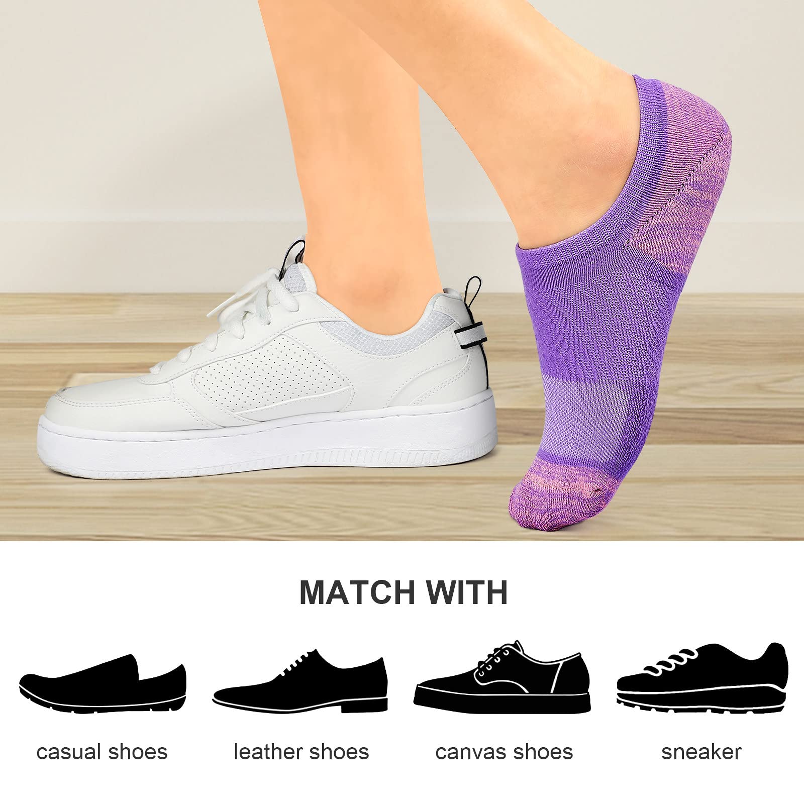 PAPLUS No Show Socks Womens 6 Pairs, Non Slip Cushioned Low Ankle Socks with Arch Support