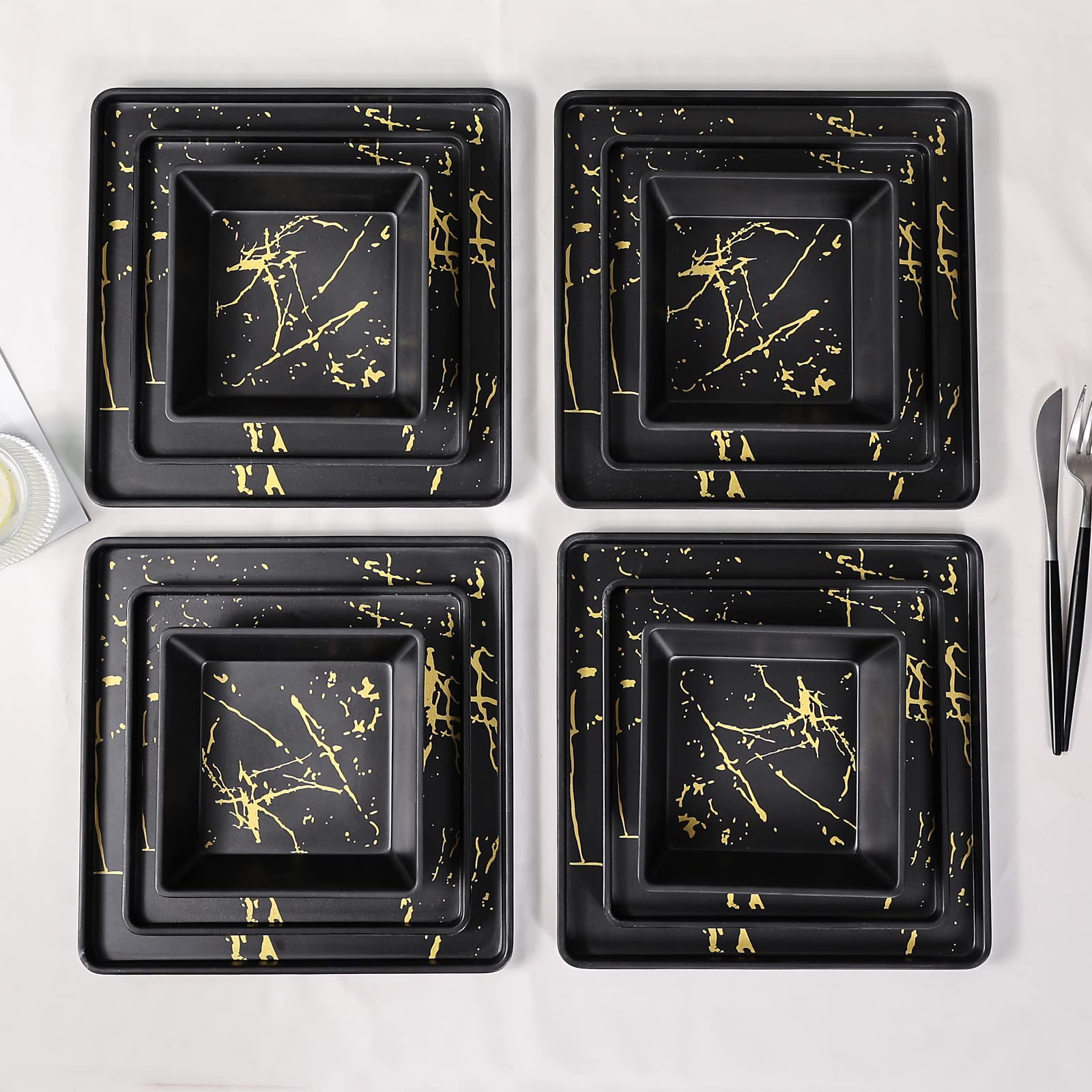 Melamine Dinnerware Sets - 12pcs Square Plates And Bowls Sets For Indoor/Outdoor Use, Dishwasher Safe,Service For 4, Black Gold