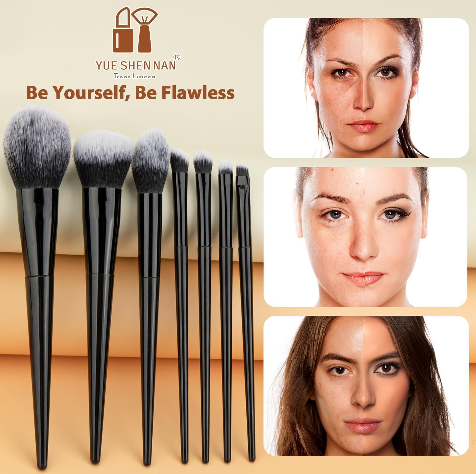 Makeup Brushes, 7Pcs Premium Synthetic Make up Brush Set, Eye Shadow Foundation Powder Blush Silicone Mask Brush Kit, Blending Sponge, Makeup Bag, Professional Beauty Tools.(Black)