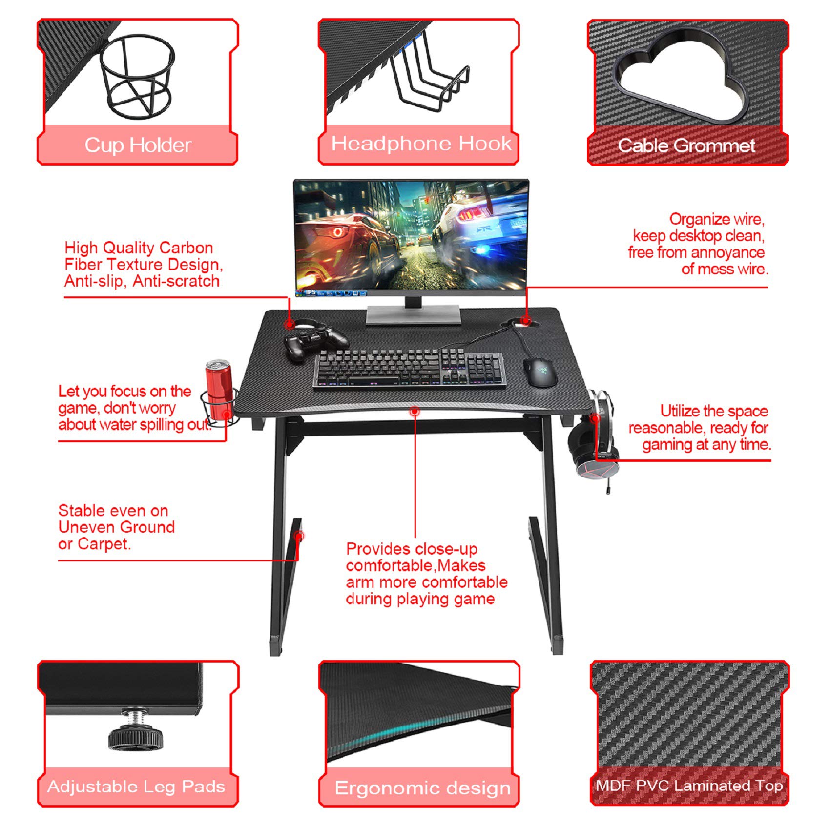 Mr IRONSTONE 31.5" Gaming Desk PC Computer Desk Home Office Student Table for Small Space Z-Shaped with Cup & Headphone Holder and 2 Cable Management Holes (Blue)