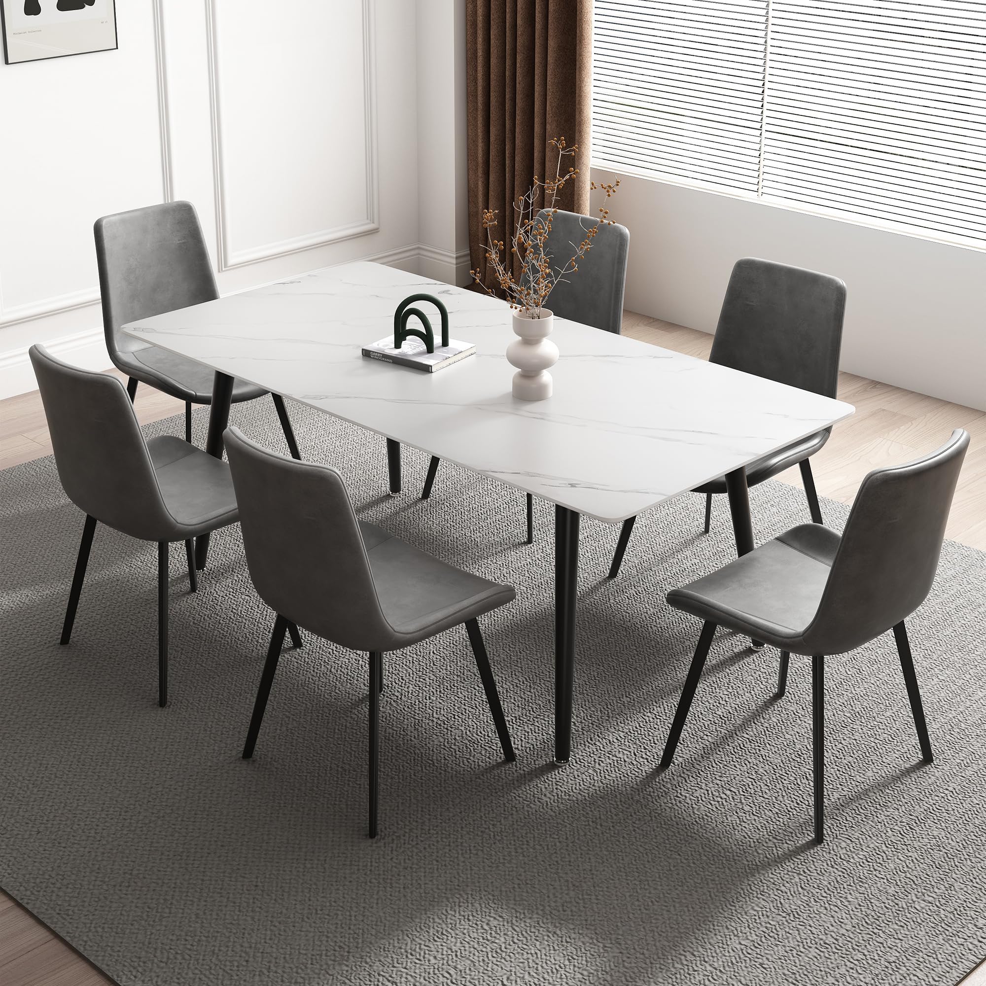 Modern Kitchen Dining Slate Table for 6 Seat,Rectangular Dining White Sintered Stone Table for Home,Kitchen,Living Room,Dining Room,1 Table (White Top)