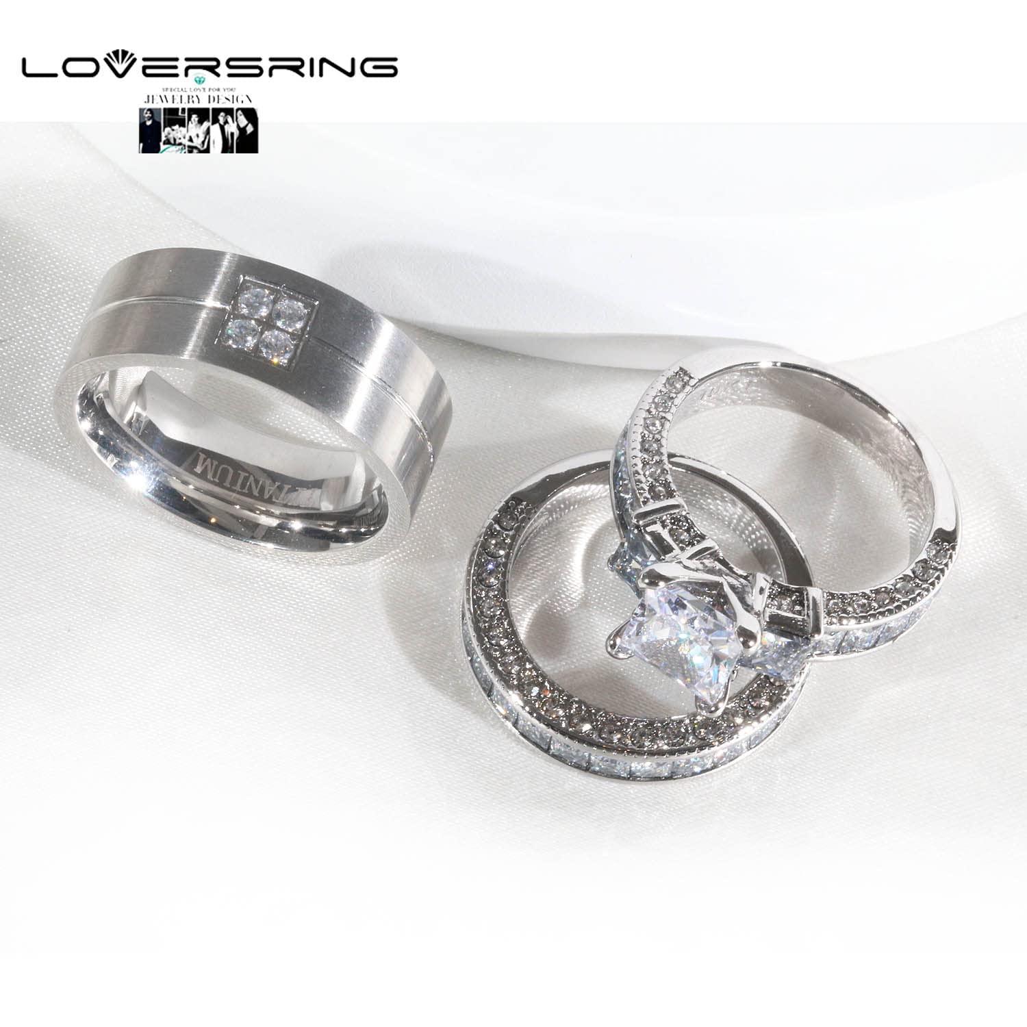 LOVERSRING Couple Ring Bridal Set His Hers White Gold Plated CZ Stainless Steel Wedding Ring Band Set