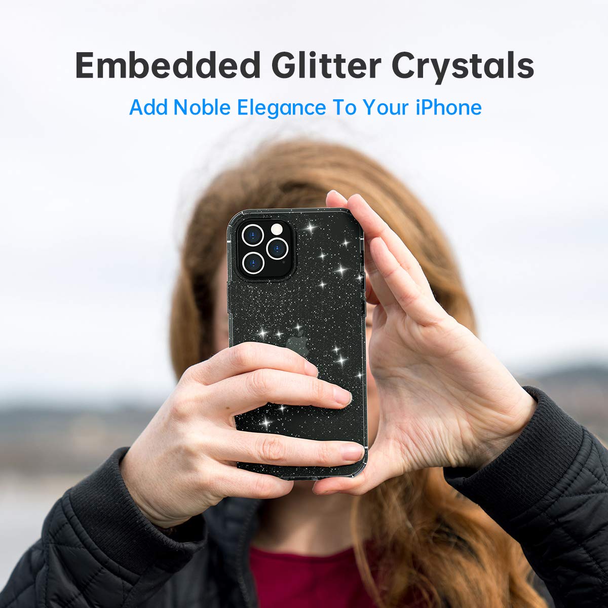 Meifigno Glitter Compatible with iPhone 12/12 Pro Case, Hard PC with Soft TPU Edge, [Military Level Protection][Green Materials], Clear Case Designed for iPhone 12/12 Pro 6.1" 2020, Glitter Black