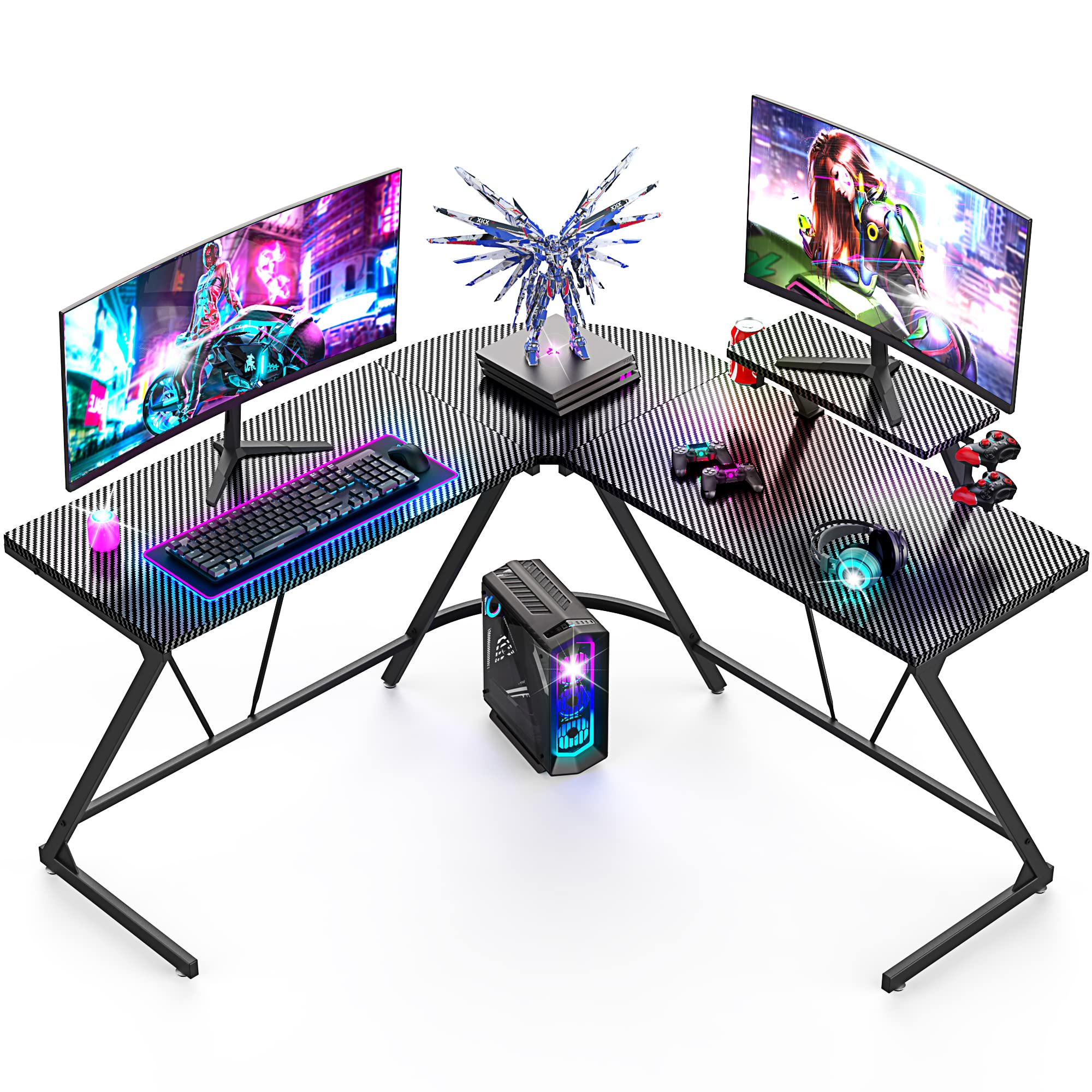 Mr IRONSTONE L Shaped Gaming Desk, 50.8'' Corner Computer Desk with Durable Carbon Fiber Surface, Home Office L Shaped Desk with Large Monitor Stand, Cup Holder & Headphone Hook