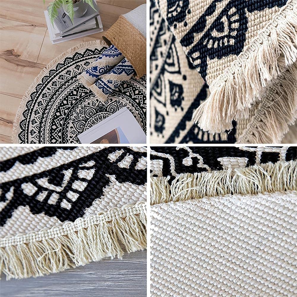 Poowe Round Cotton Rug Woven Tassel Throw Rug Washable Area Rug for Living Room Bedroom Kitchen Bathroom (Shapes)