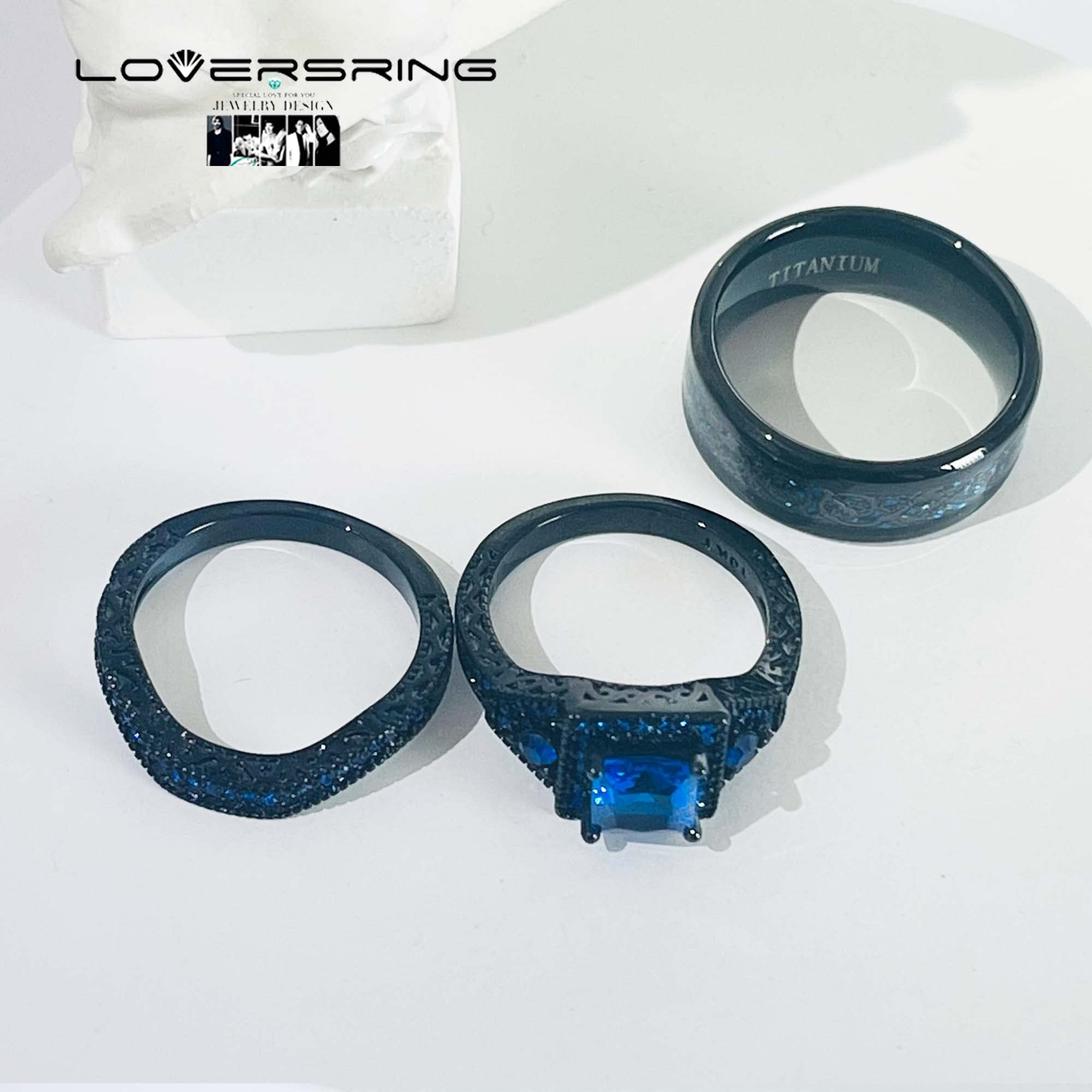LOVERSRING Couple Ring Bridal Set His Hers Black Gold Filled Blue Cz Stainless Steel 10k Wedding Ring Band