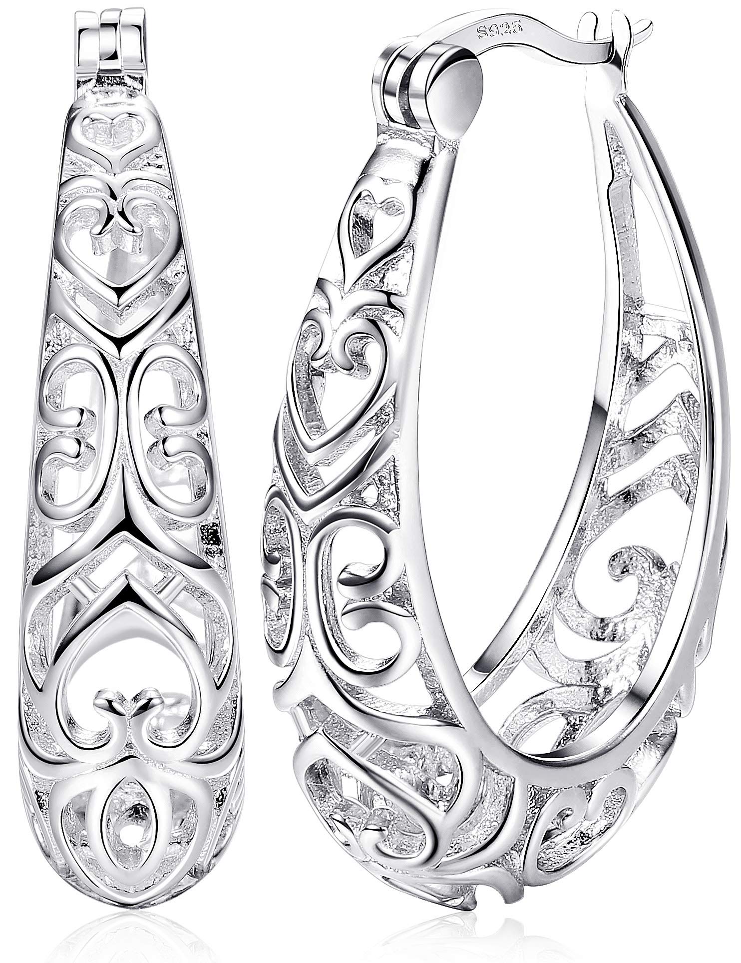Milacolato 925 Sterling Silver Hoop Earrings for Women 18K White Gold Plated Textured Filigree Oval Hoop Earrings Lightweight & Hypoallergenic Vintage Hoop Earrings