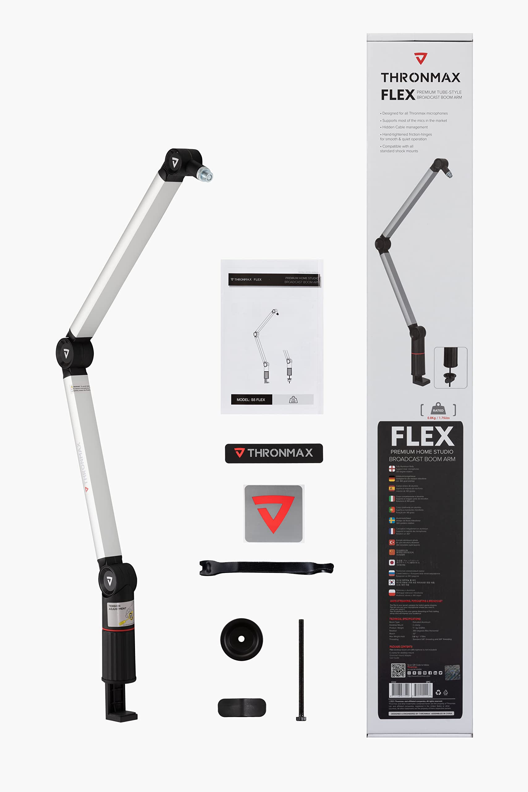 Professional Boom Arm Stand, THRONMAX Flex S5 Mic Stand for Game Streaming and Broadcasting/Sturdy and Universal Mic Arm with 1/4”,3/8", 5/8" Adapter