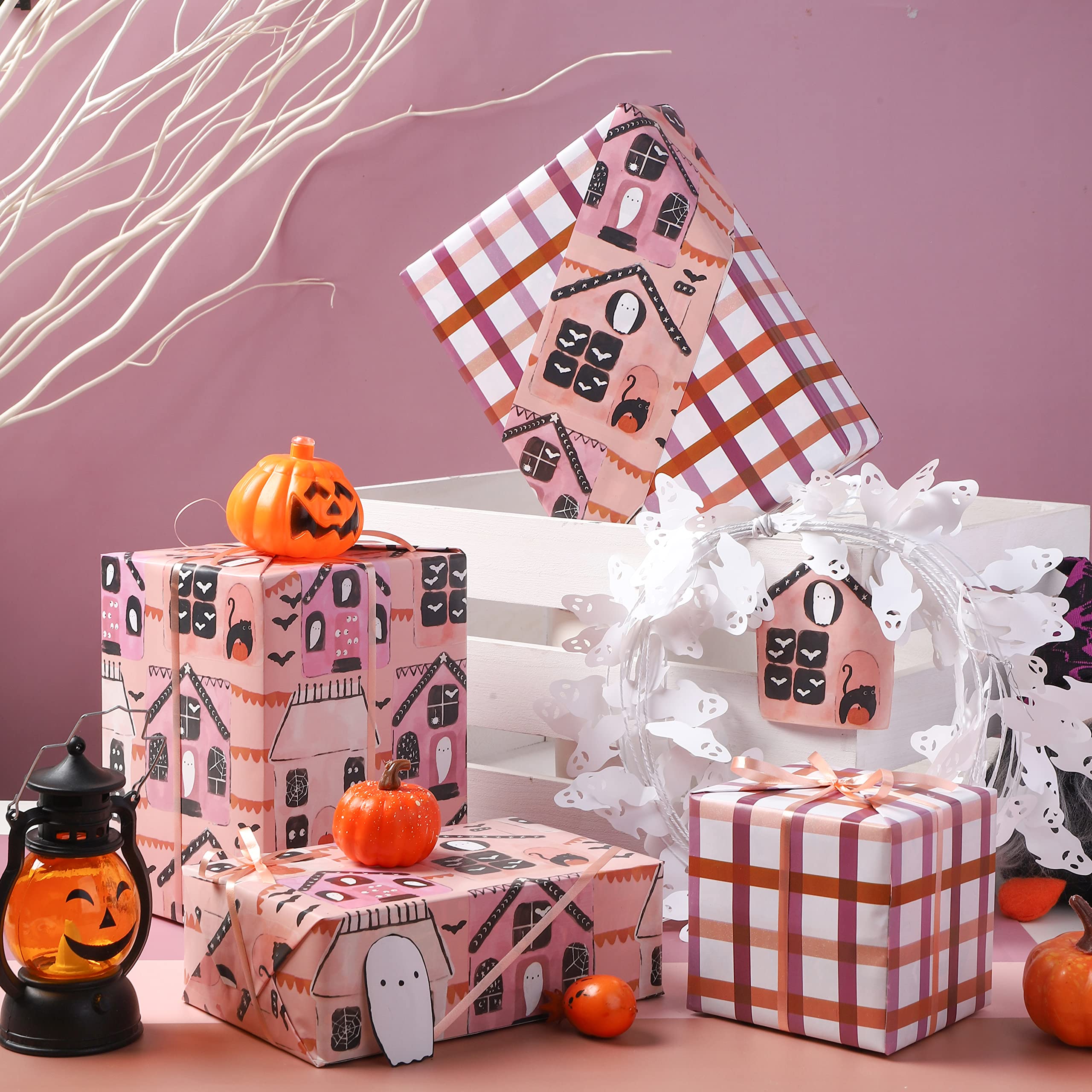 LeZakaa Reversible Halloween Wrapping Paper - Skeleton, Grave, Pumpkin, Snake Unique Halloween Elements & Spider Web Design - 17 inches x 32.8 Feet (46.45 sq.ft.)