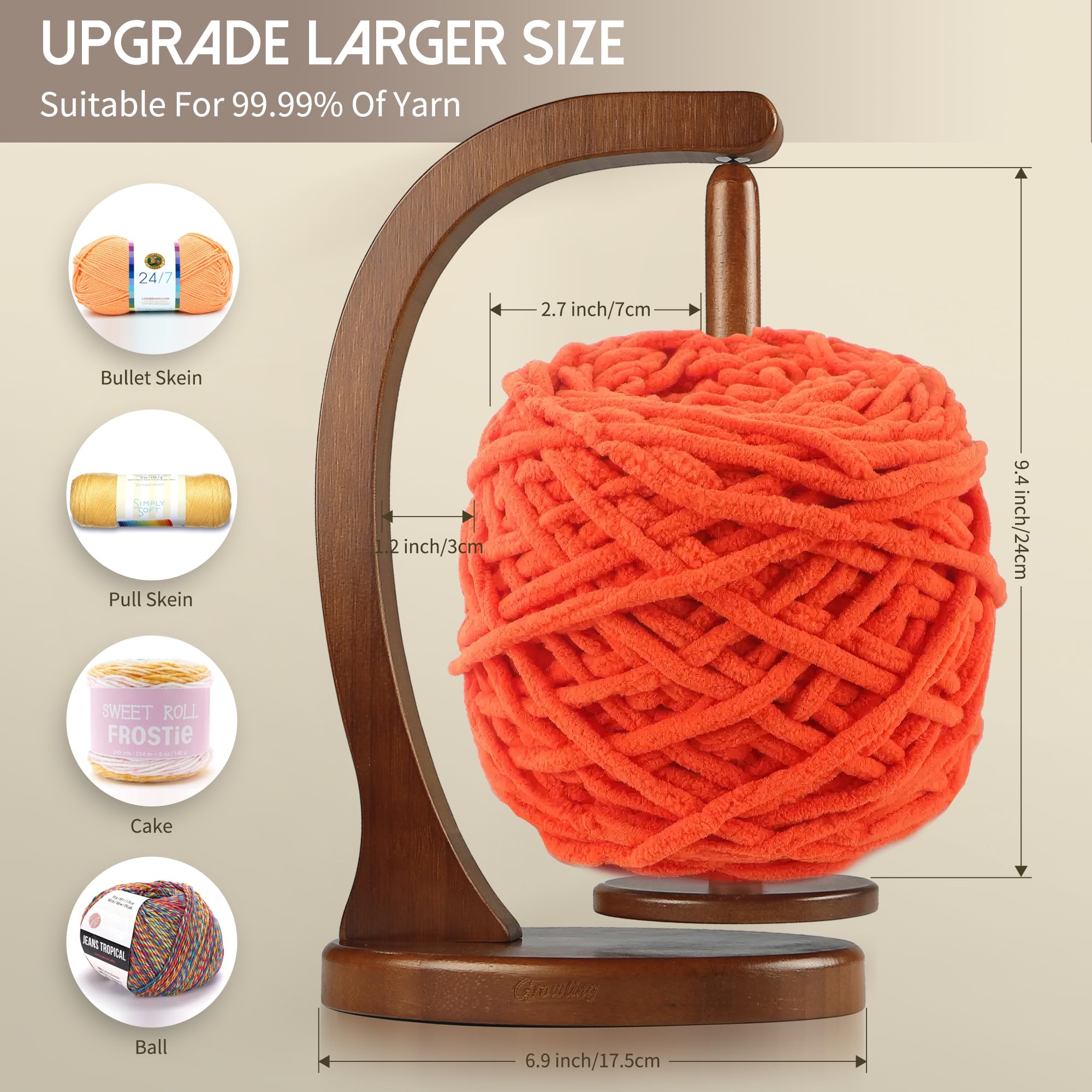 Wooden Yarn Holder for Crocheting, Upgrade Larger Size & Magnetic, Rotating Pendulum Yarn Ball Dispenser Stand, Yarn Spinner as Surprise Gift for Knitting Lovers (Walnut)