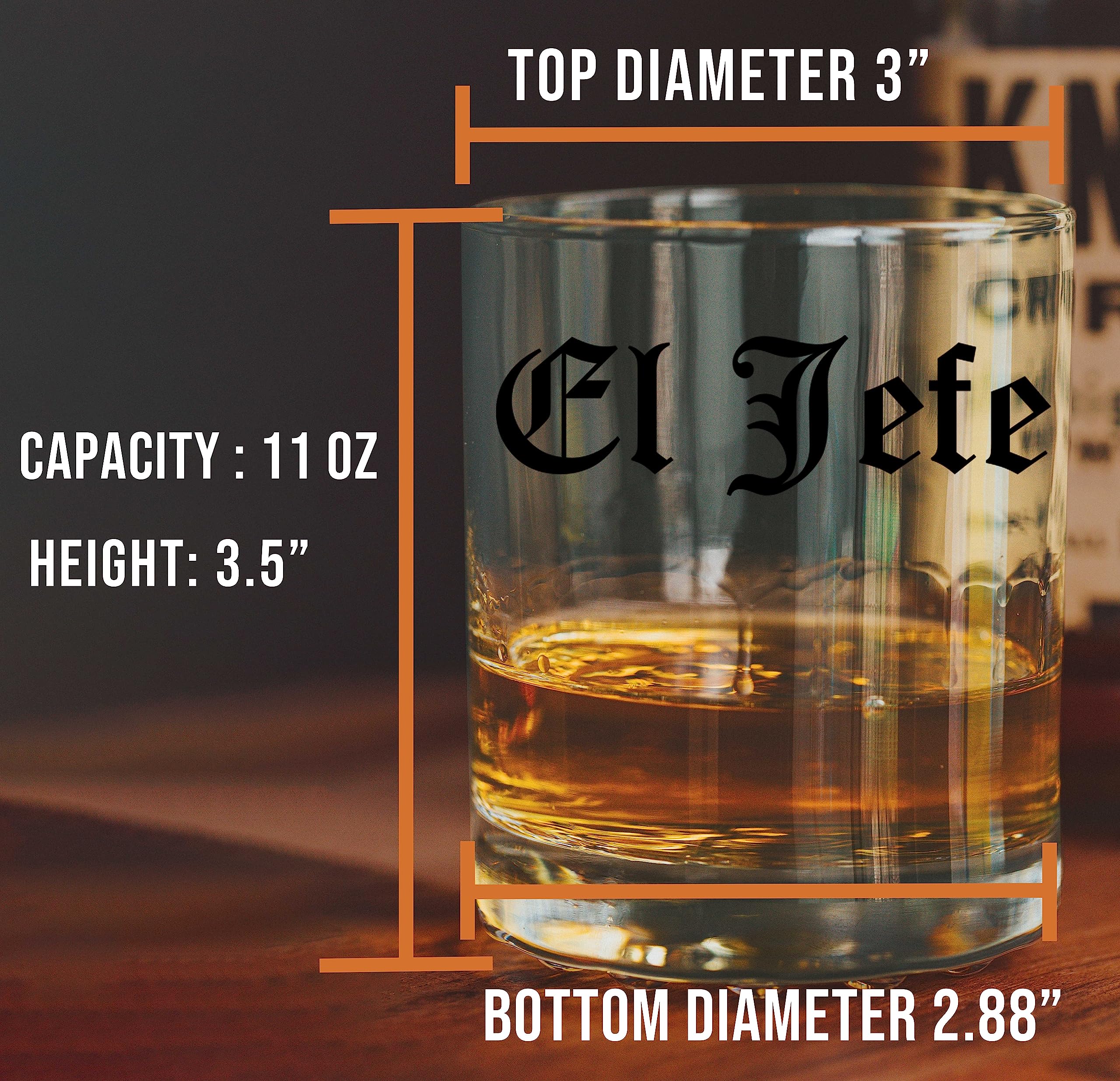 Spotted Dog Company Printed 11oz Whiskey Glass - El Jefe - The Boss - Old Tyme, National Boss Day Gifts Best Boss Ever Funny