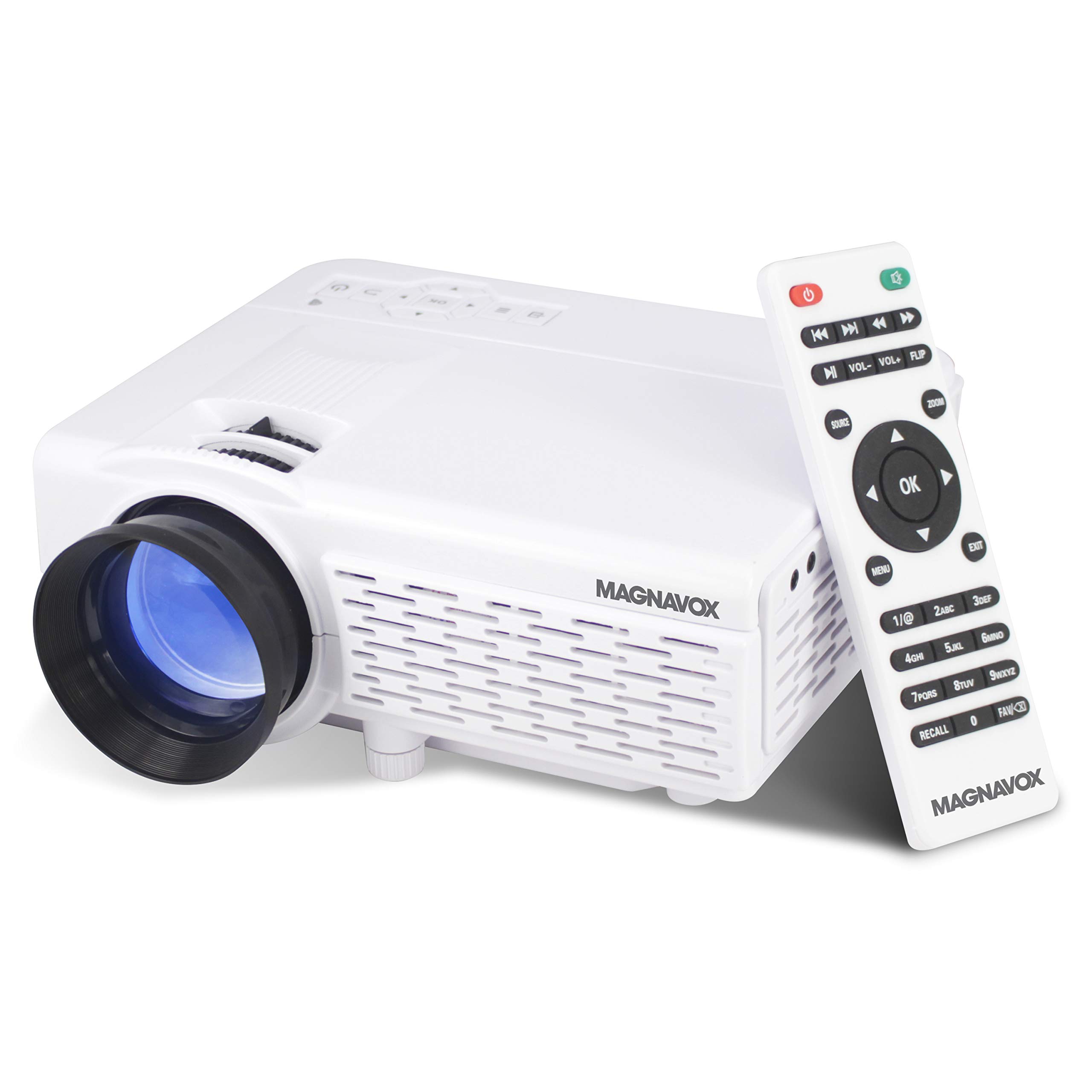 Magnavox MP601 Portable Home Theater Projector with Bluetooth Wireless Technology and Remote in White | Supports 1080p HD Quality | HDMI, USB, AV, & VGA Ports |